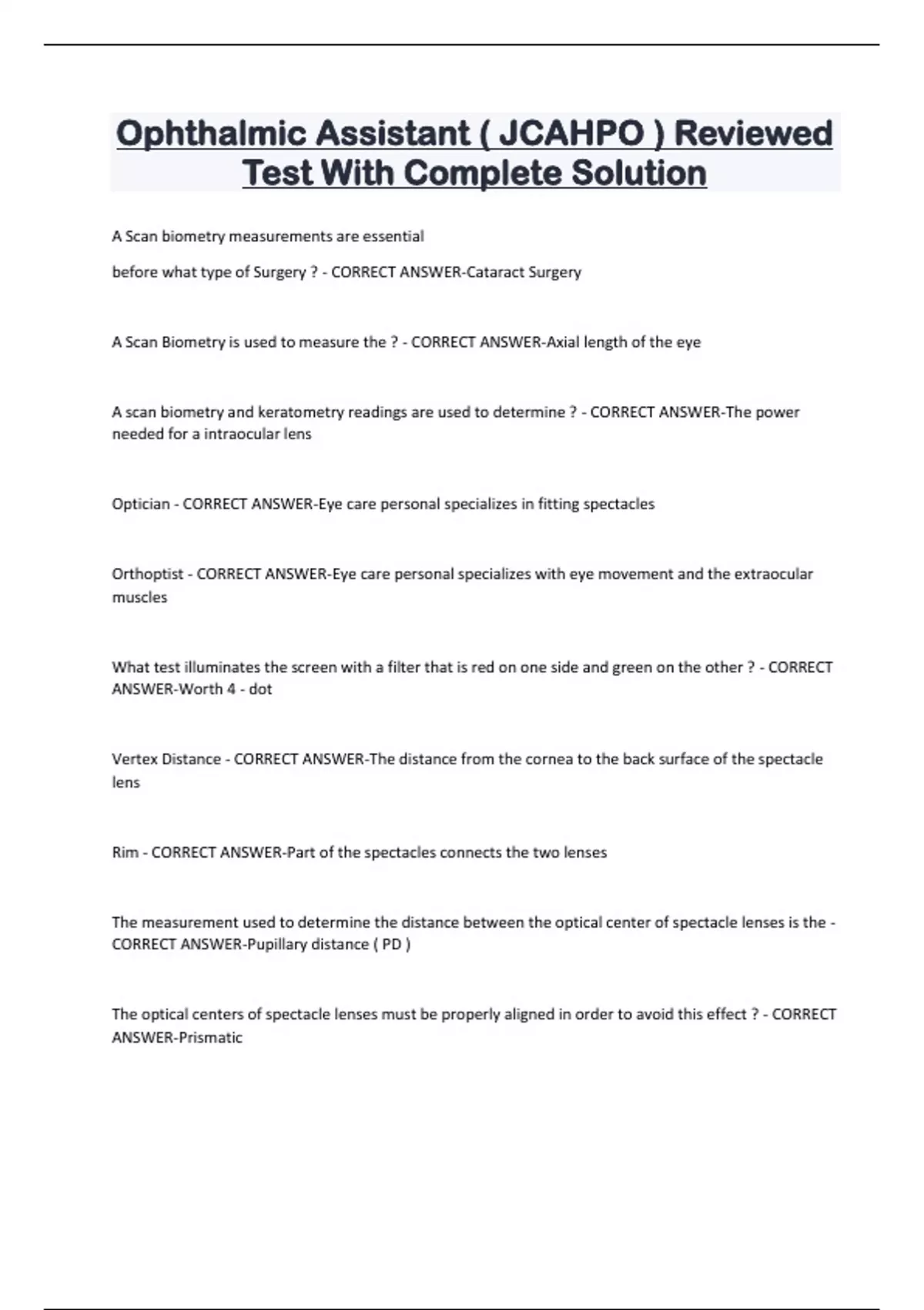 Ophthalmic Assistant ( JCAHPO ) Reviewed Test With Complete Solution ...