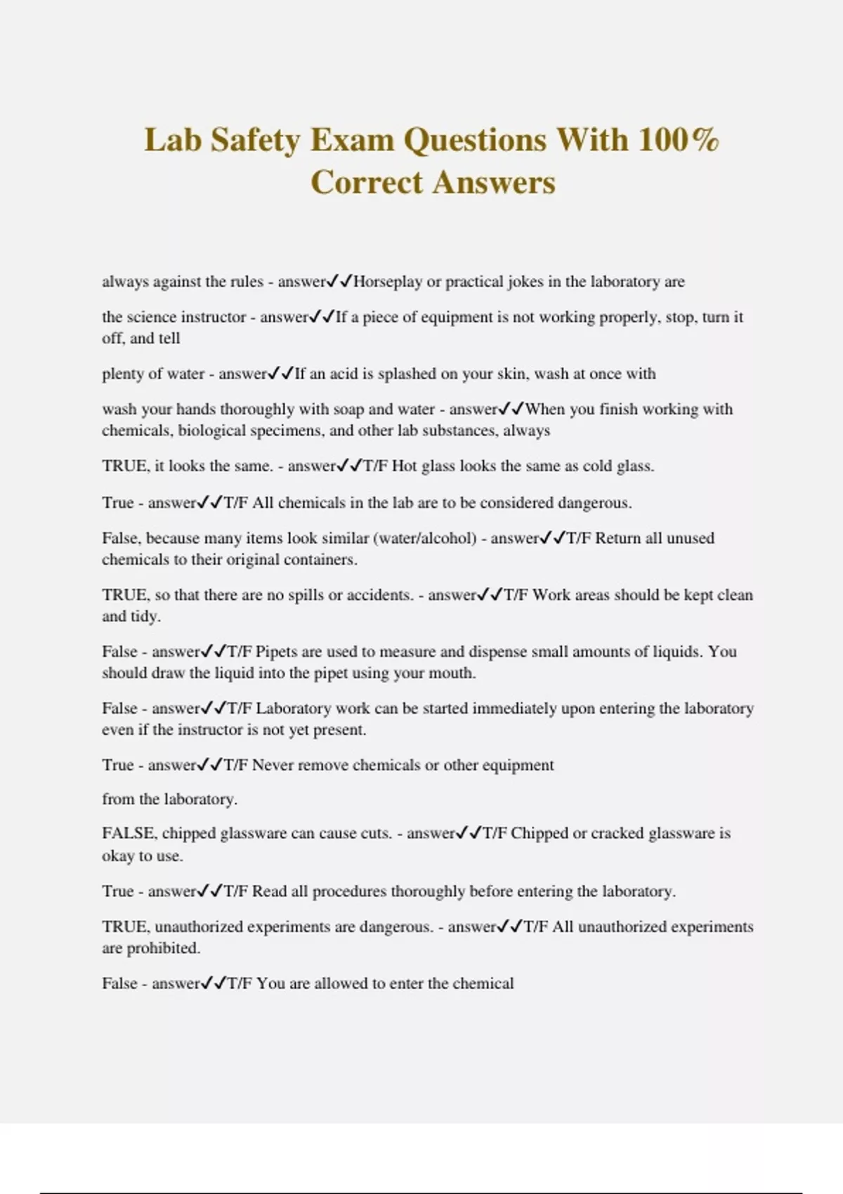 Lab Safety Exam Questions With 100% Correct Answers - Lab Safety ...