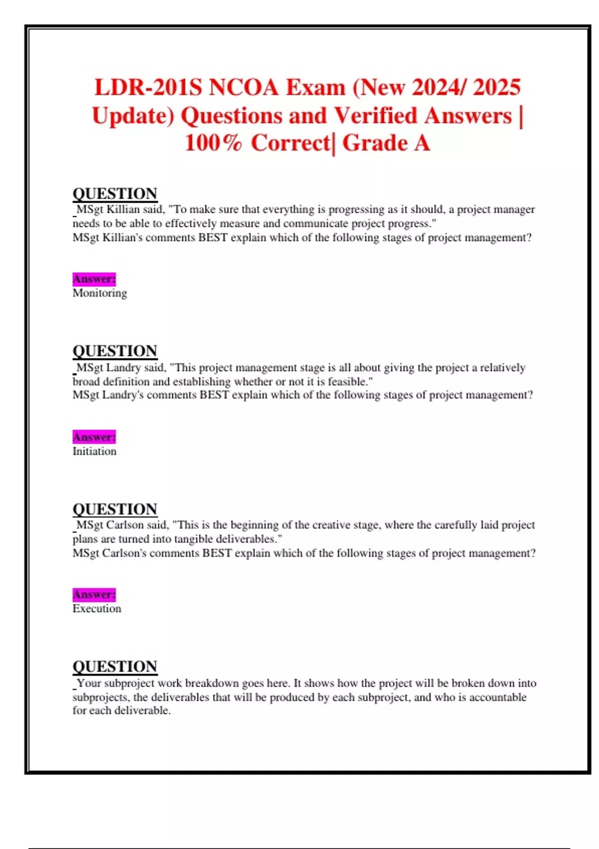 LDR-201S NCOA Exam (New 2024/ 2025 Update) Questions and Verified ...