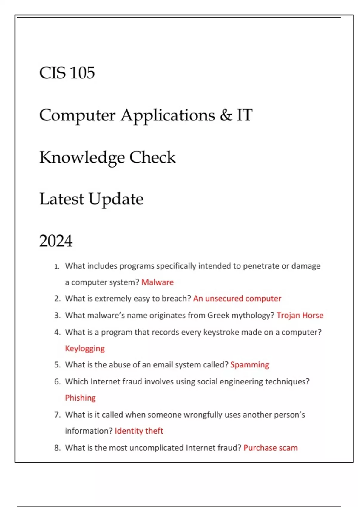 (ASU) CIS 105 COMPUTER APPLICATIONS & IT KNOWLEDGE CHECK LATEST UPDATE ...