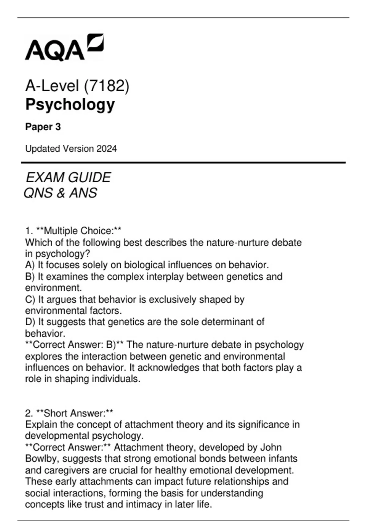(7182) AQA A-Level Psychology Paper 3 Exam Guide Qns & Ans Updated ...