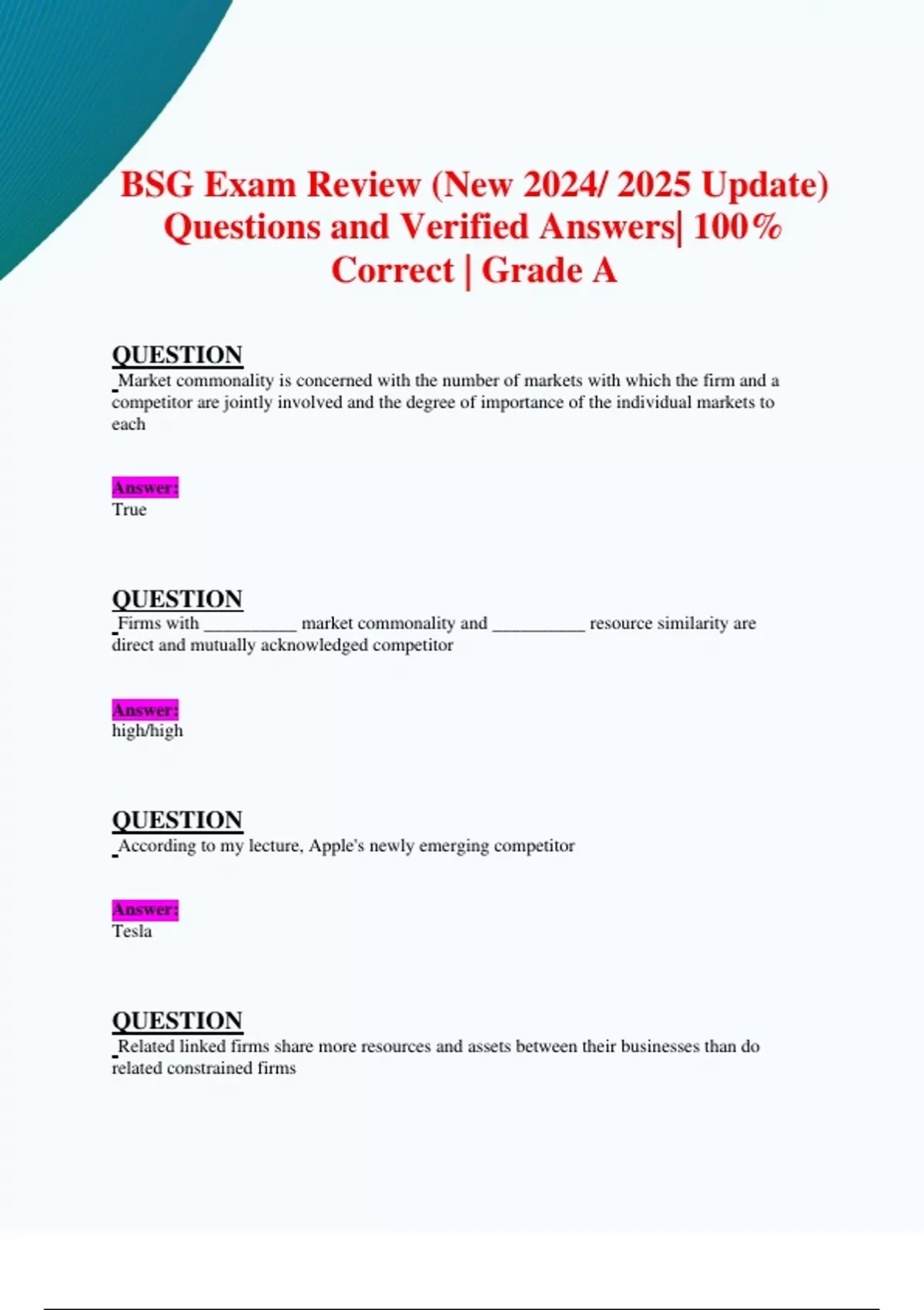 BSG Exam Review (New 2024/ 2025 Update) Questions and Verified Answers ...