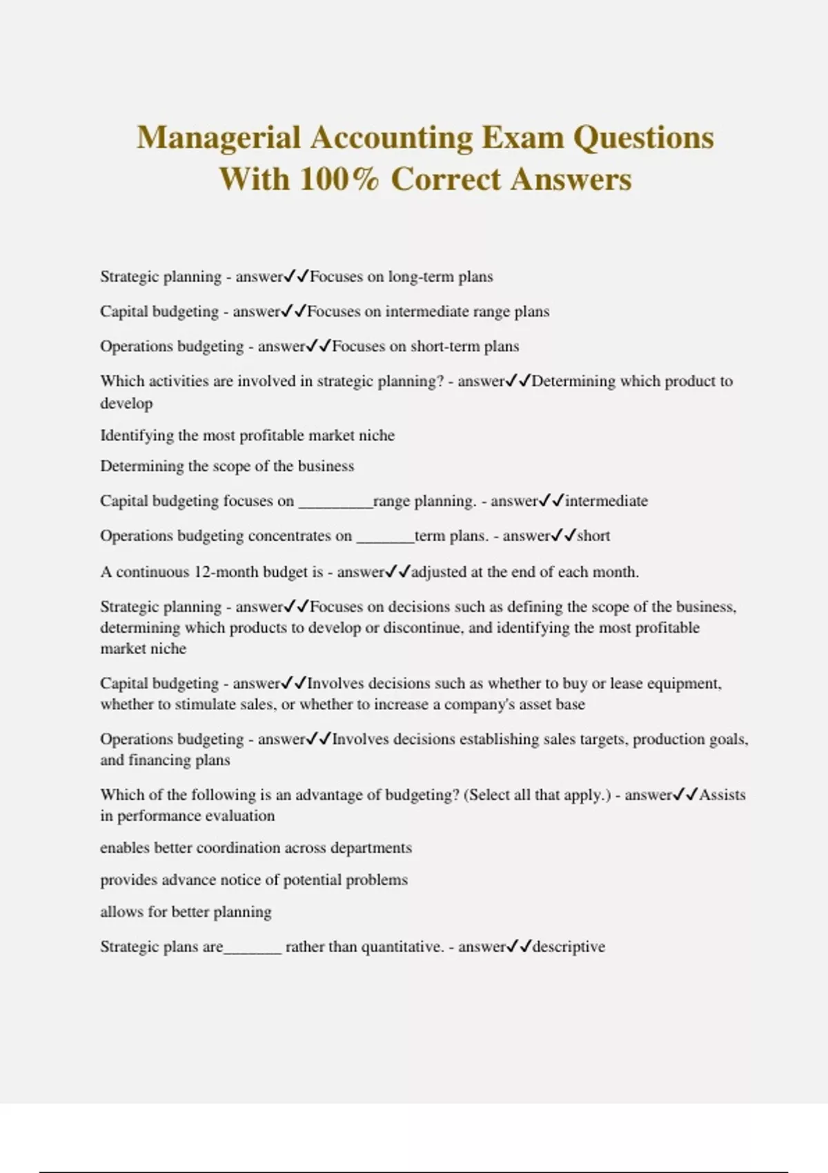 Managerial Accounting Exam Questions With 100% Correct Answers ...