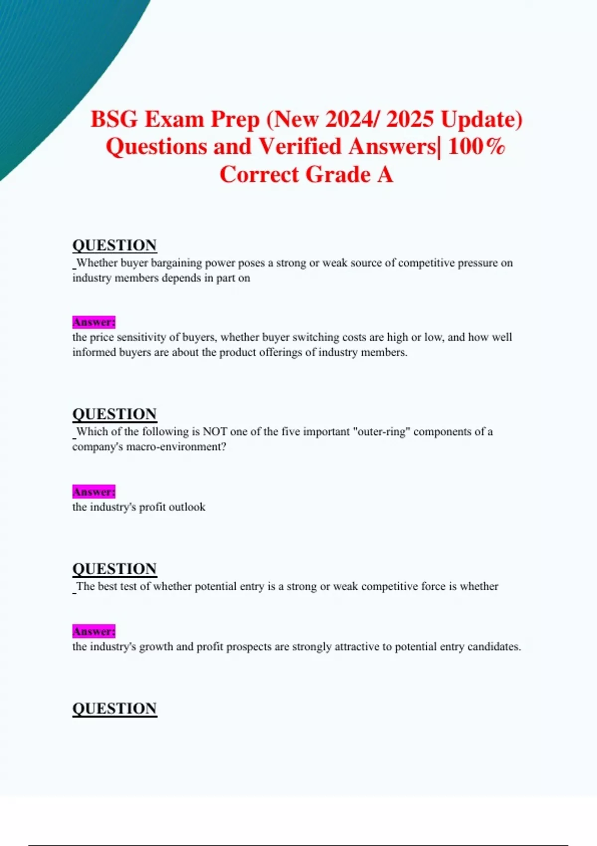 BSG Exam Prep (New 2024/ 2025 Update) Questions and Verified Answers ...