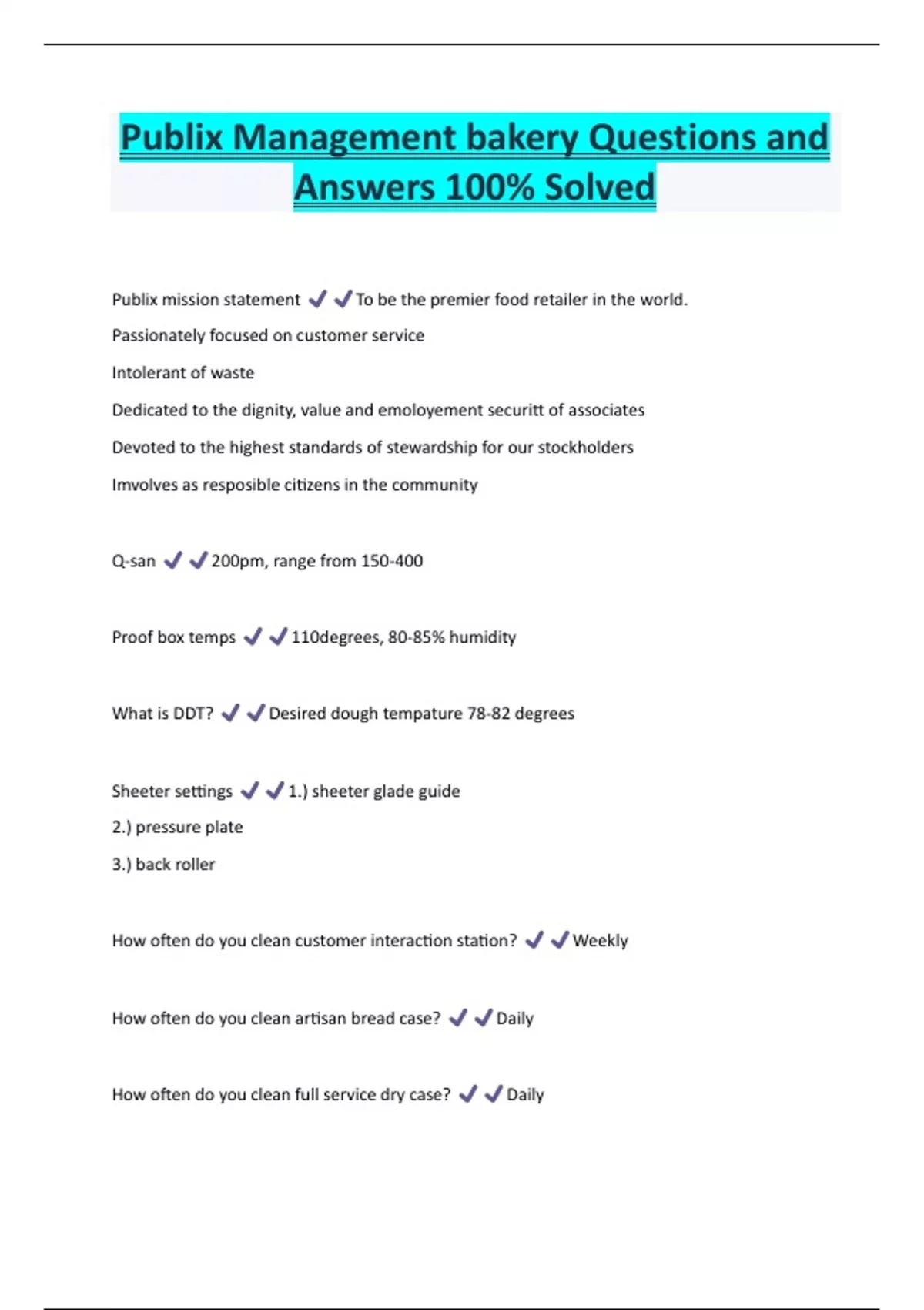 Publix Management bakery Questions and Answers 100% Solved - Publix ...