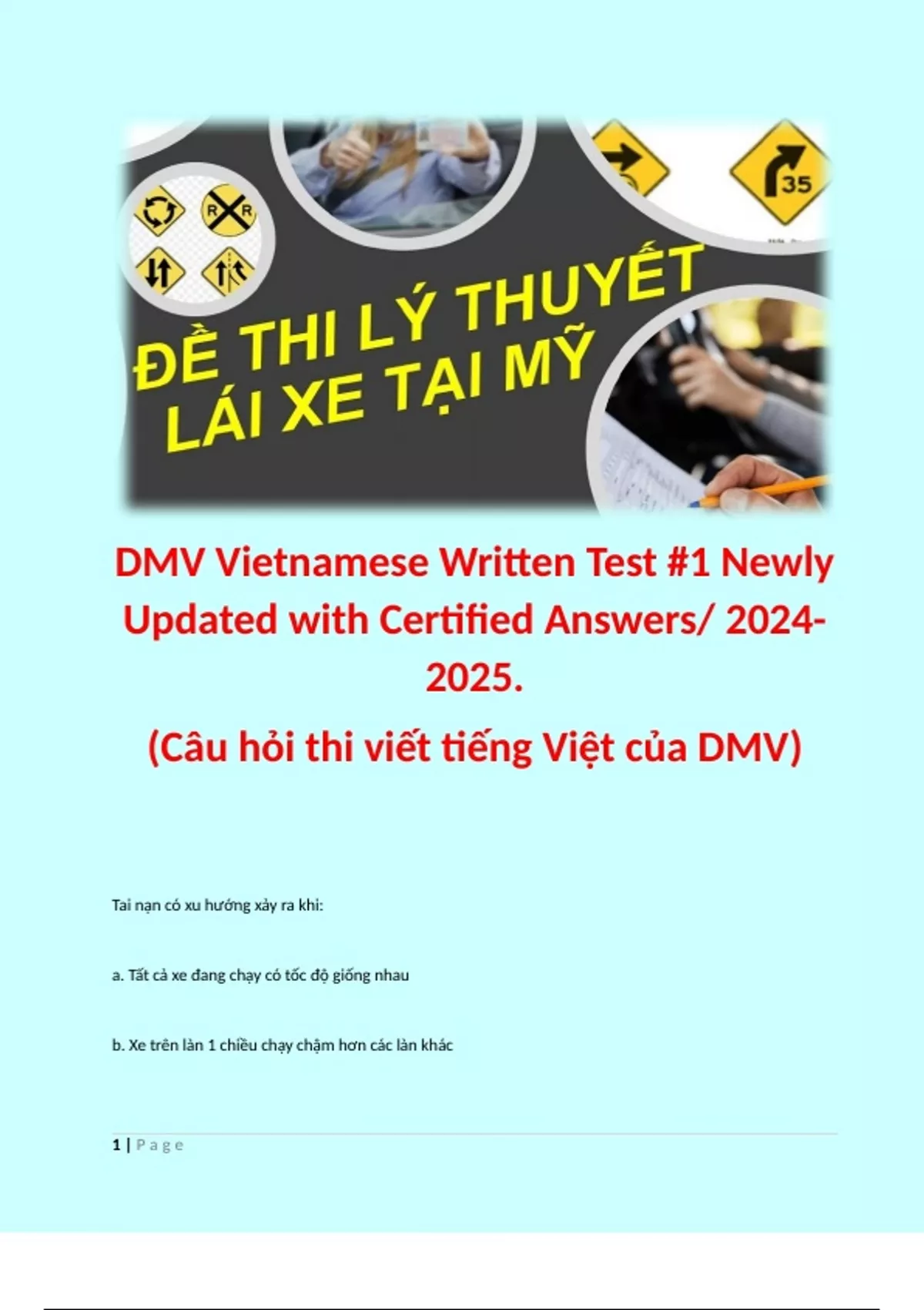 DMV Vietnamese Written Test #1 Newly Updated with Certified Answers ...