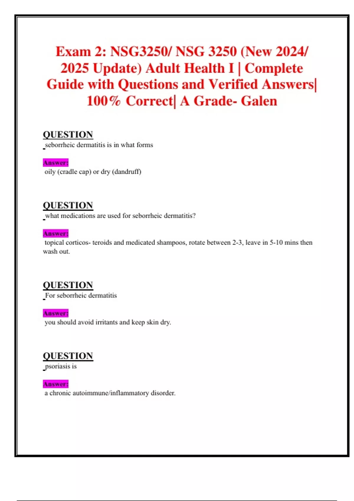 Exam 2: NSG3250/ NSG 3250 (New 2024/ 2025 Update) Adult Health I ...