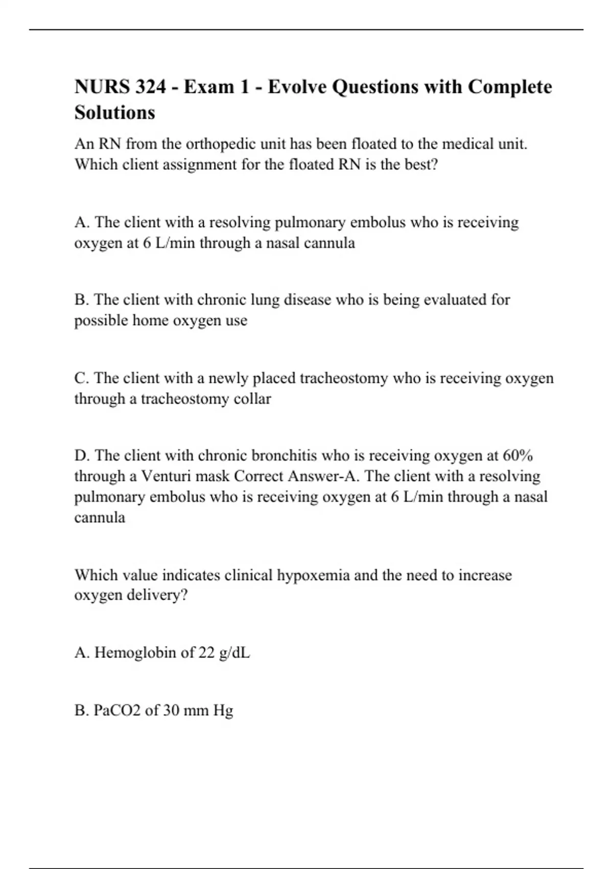 NURS 324 - Exam 1 - Evolve Questions with Complete Solutions - NURS 324 - Stuvia US