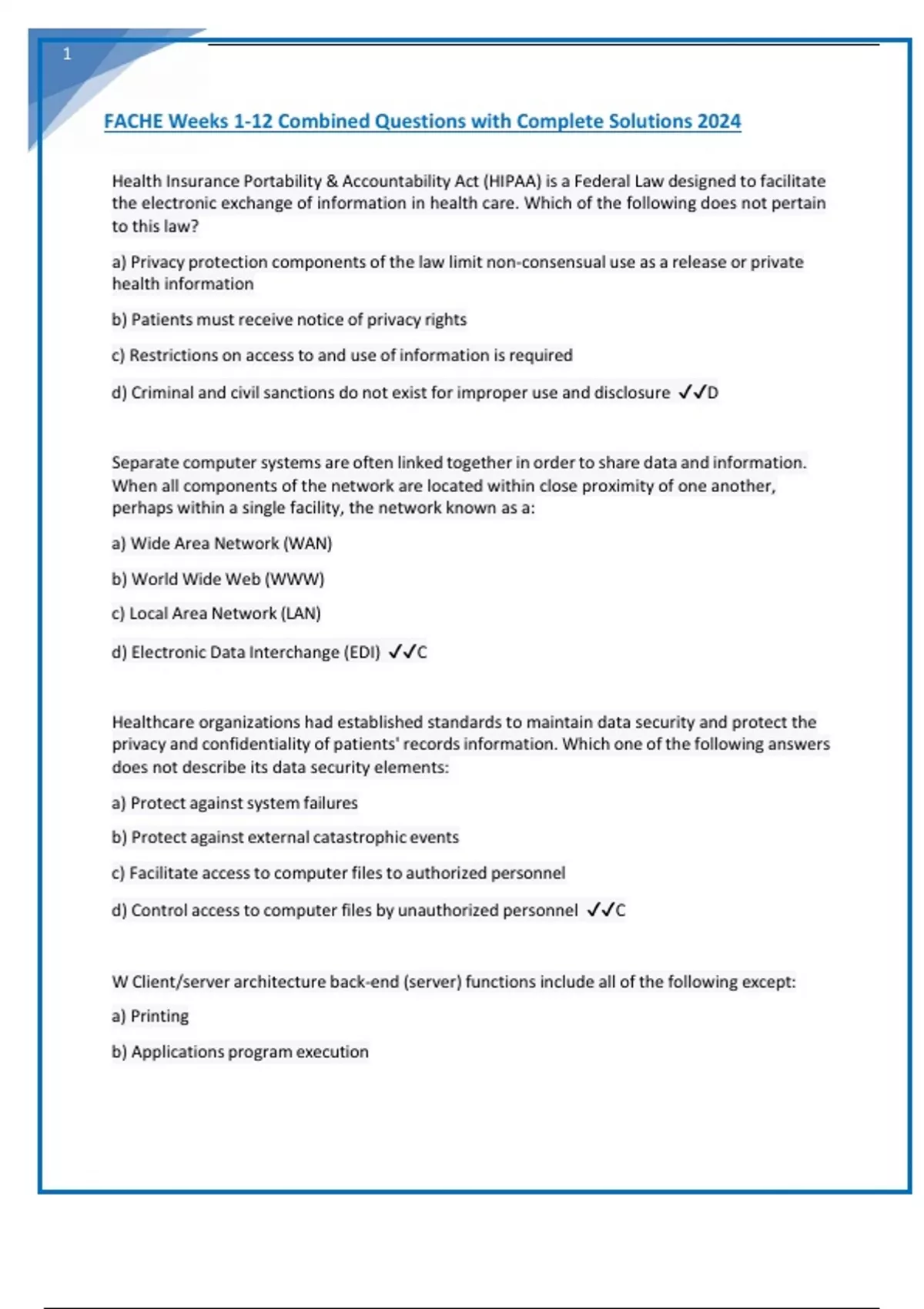 FACHE Weeks 1-12 Combined Questions with Complete Solutions 2024 ...