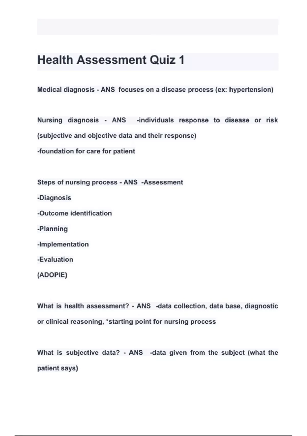 Health Assessment Quiz 1 questions & answers 2024 ( A+ GRADED 100% ...