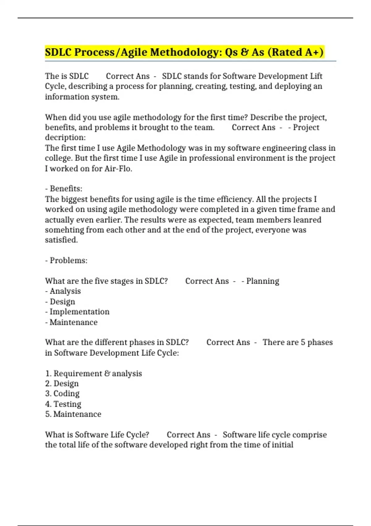 SDLC Process/Agile Methodology: Qs & As (Rated A+) - Software ...