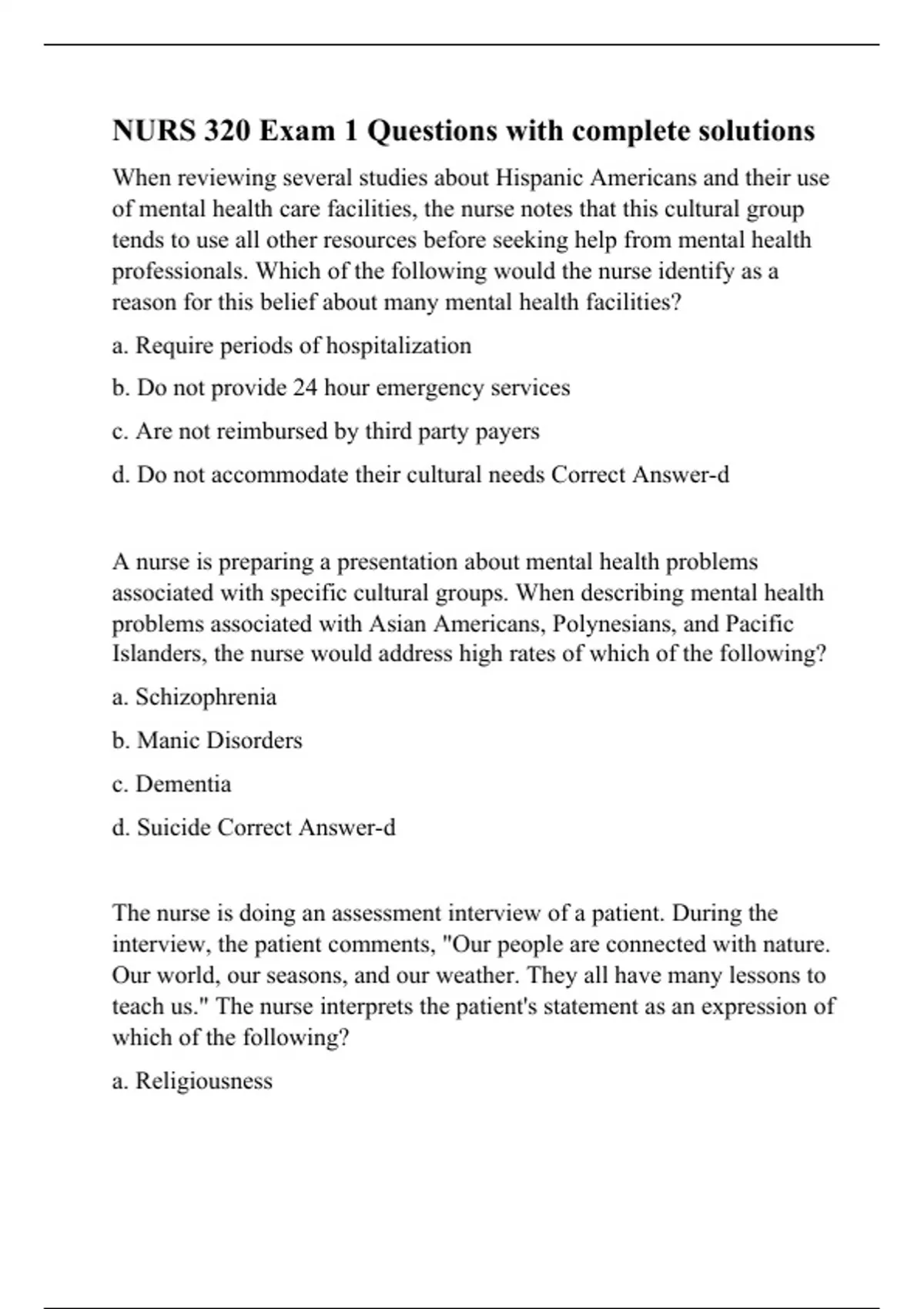 NURS 320 Exam 1 Questions with complete solutions - NURS 320 - Stuvia US