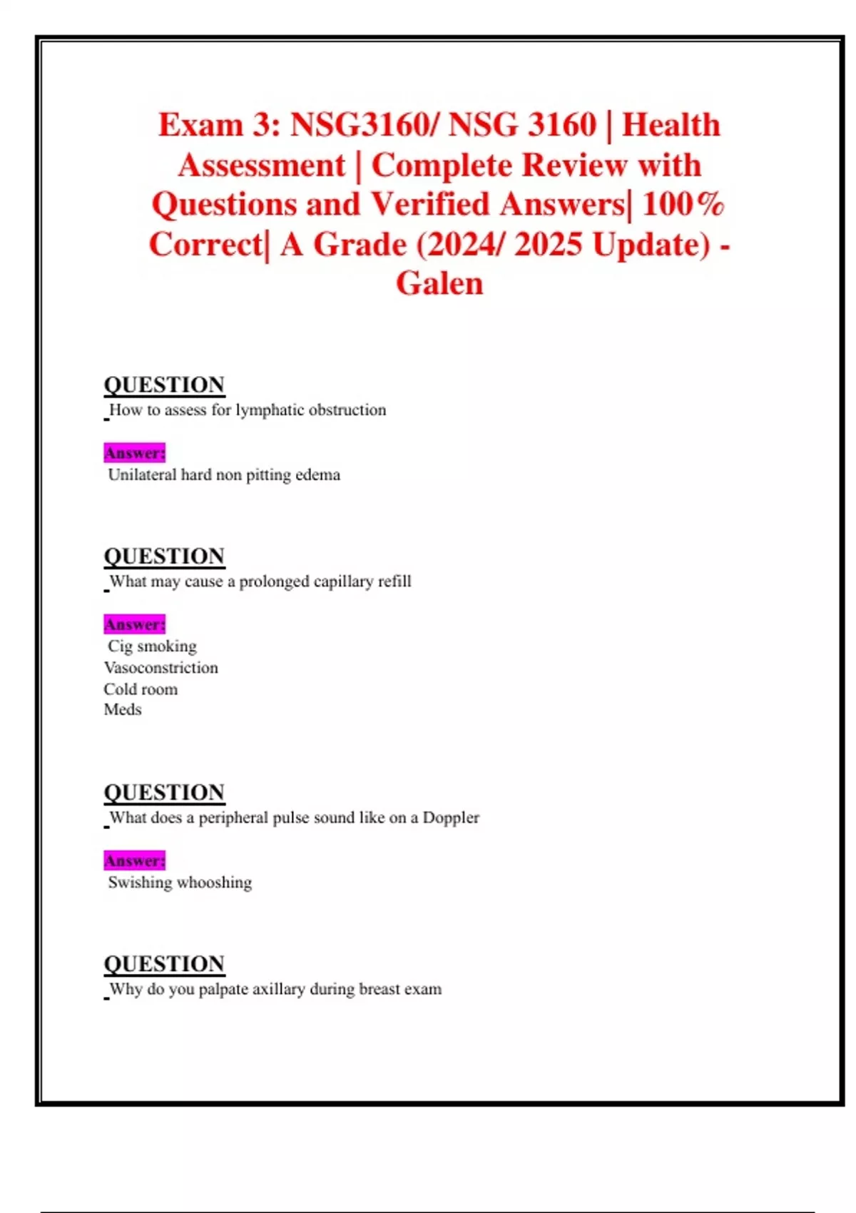 Exam 3: NSG3160/ NSG 3160 | Health Assessment | Complete Review with ...