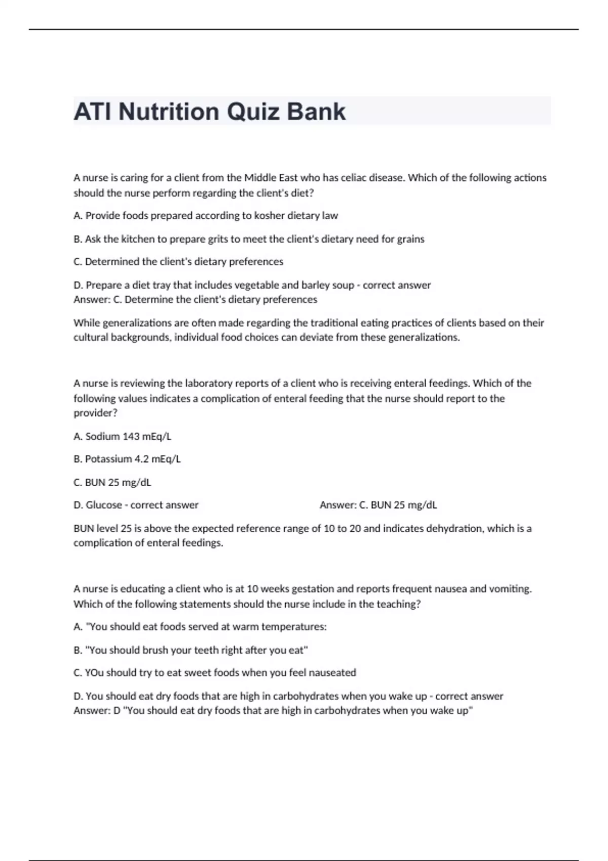 ATI Nutrition Quiz Bank Comprehensive Exam Written With Questions And ...