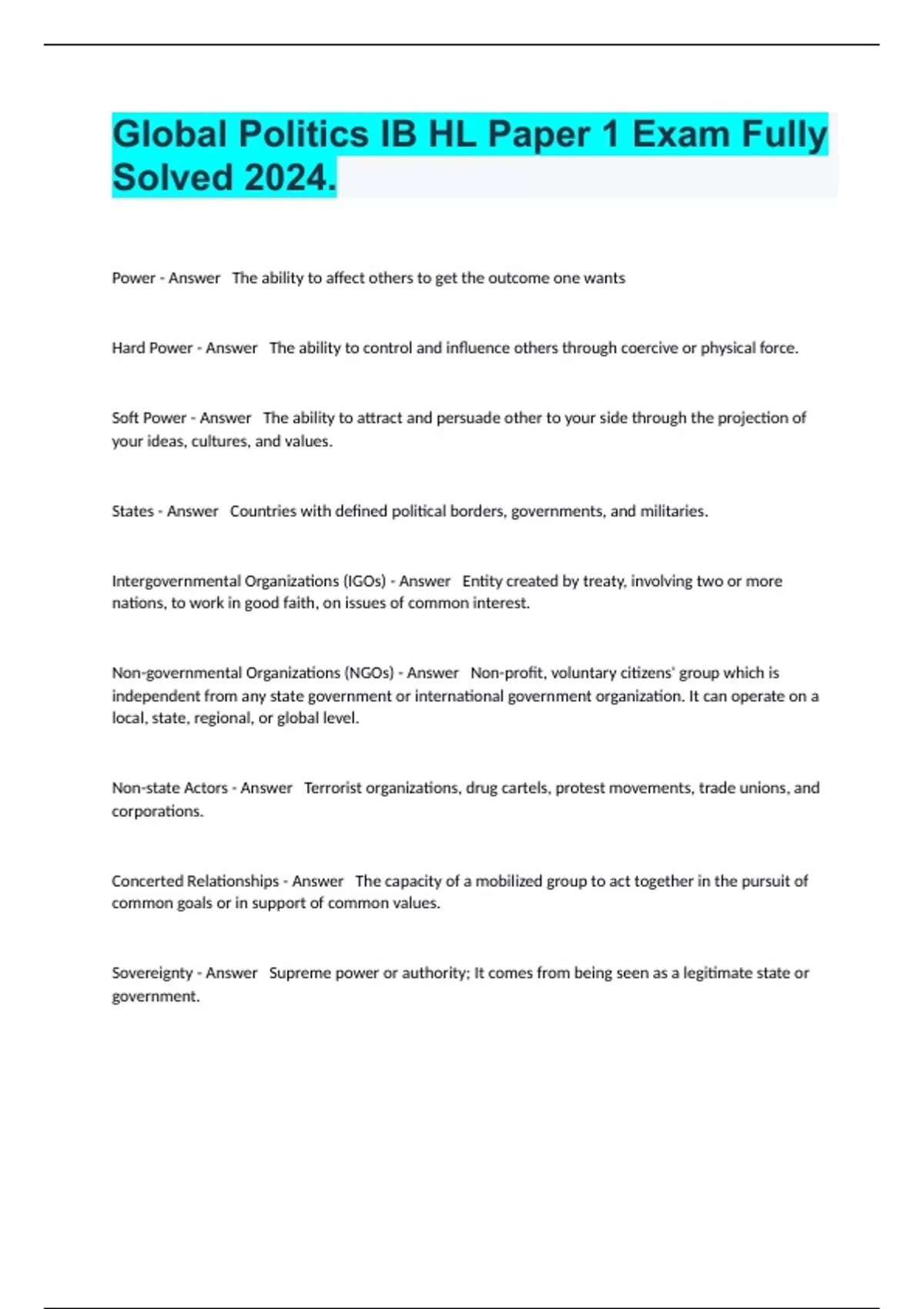 Global Politics IB HL Paper 1 Exam Fully Solved 2024. - IB GLOBAL ...