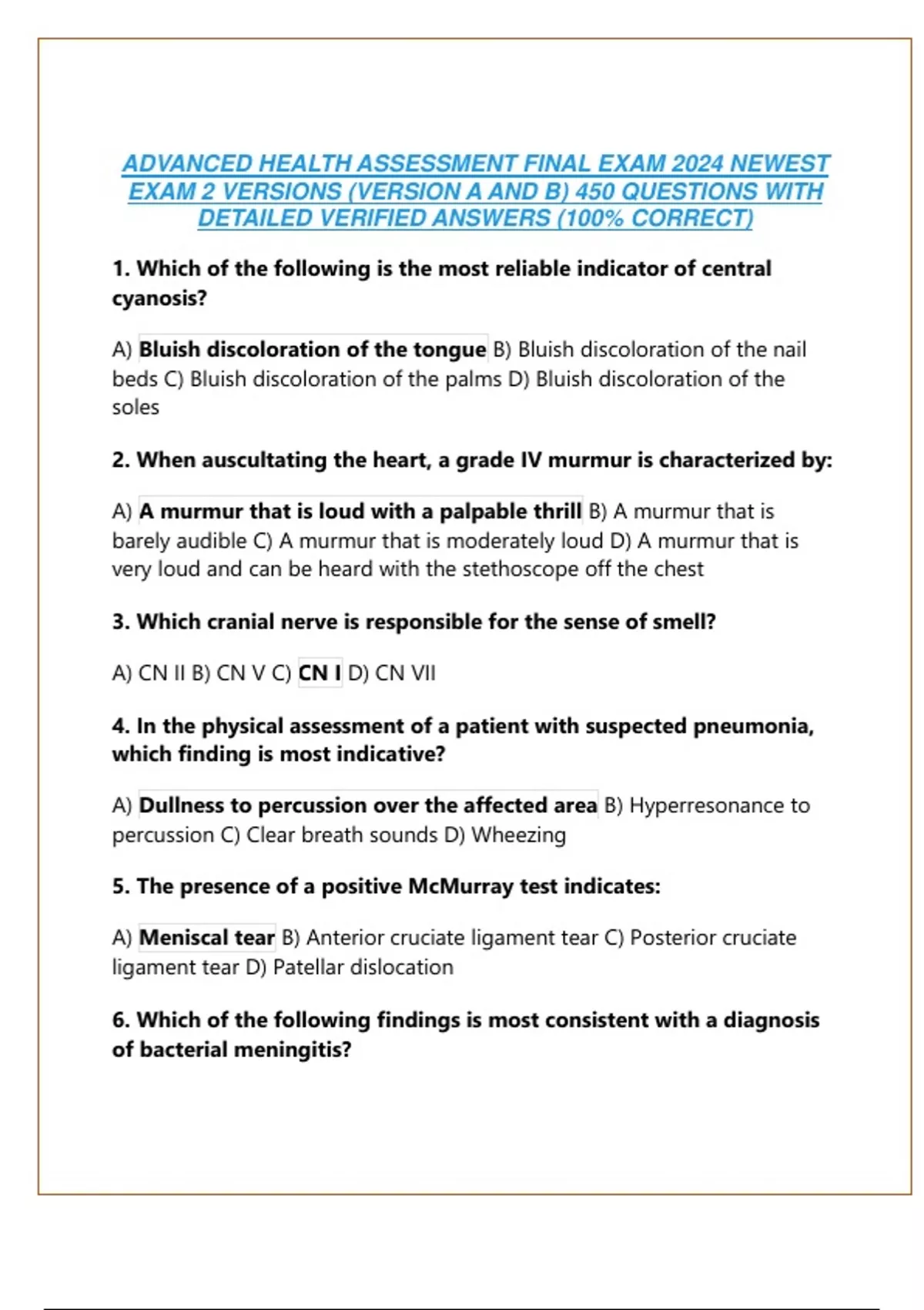 ADVANCED HEALTH ASSESSMENT FINAL EXAM 2024 NEWEST EXAM 2 VERSIONS ...