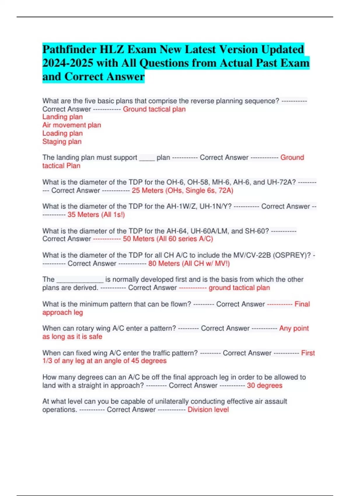 Pathfinder HLZ Exam New Latest Version Updated with All Questions from ...