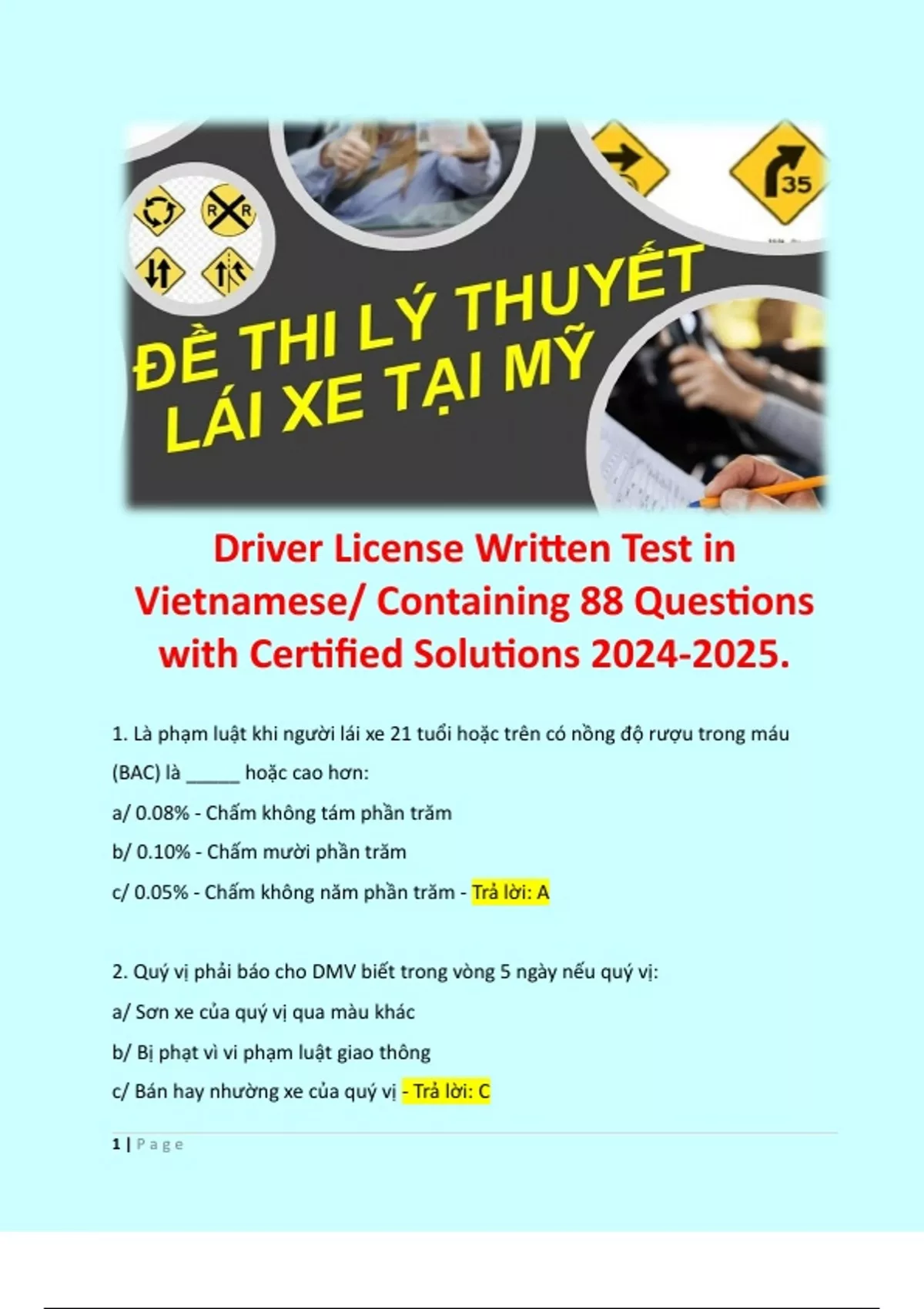 Driver License Written Test in Vietnamese/ Containing 88 Questions with ...