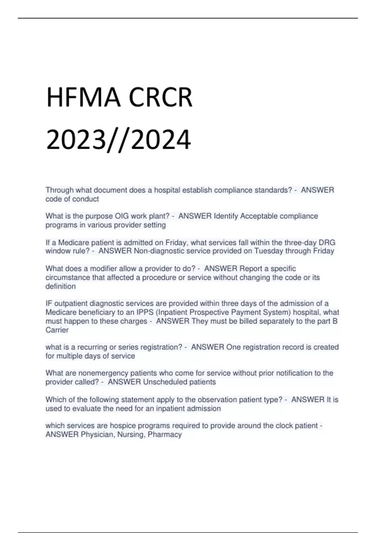 HFMA CRCR 2023//2024 - HFMA - Stuvia US