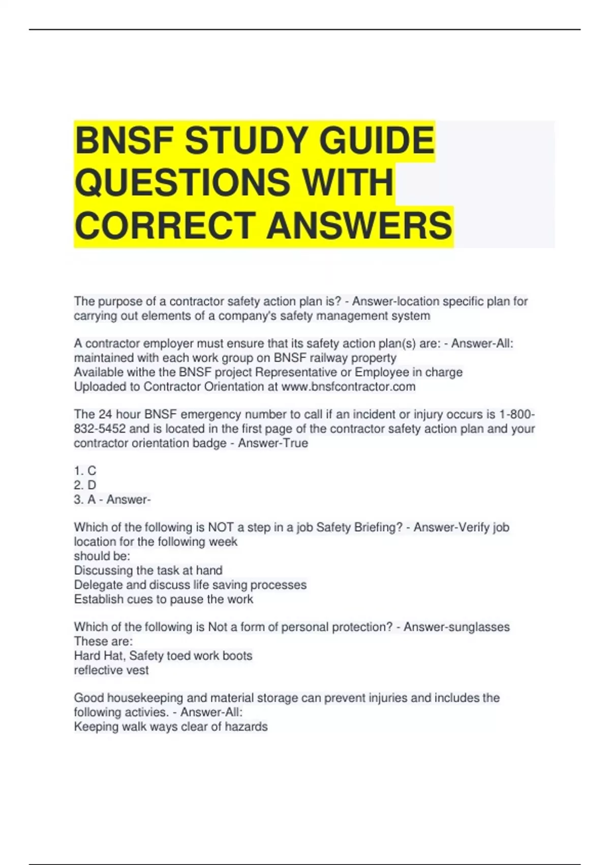 BNSF STUDY GUIDE QUESTIONS WITH CORRECT ANSWERS - BNSF - Stuvia US