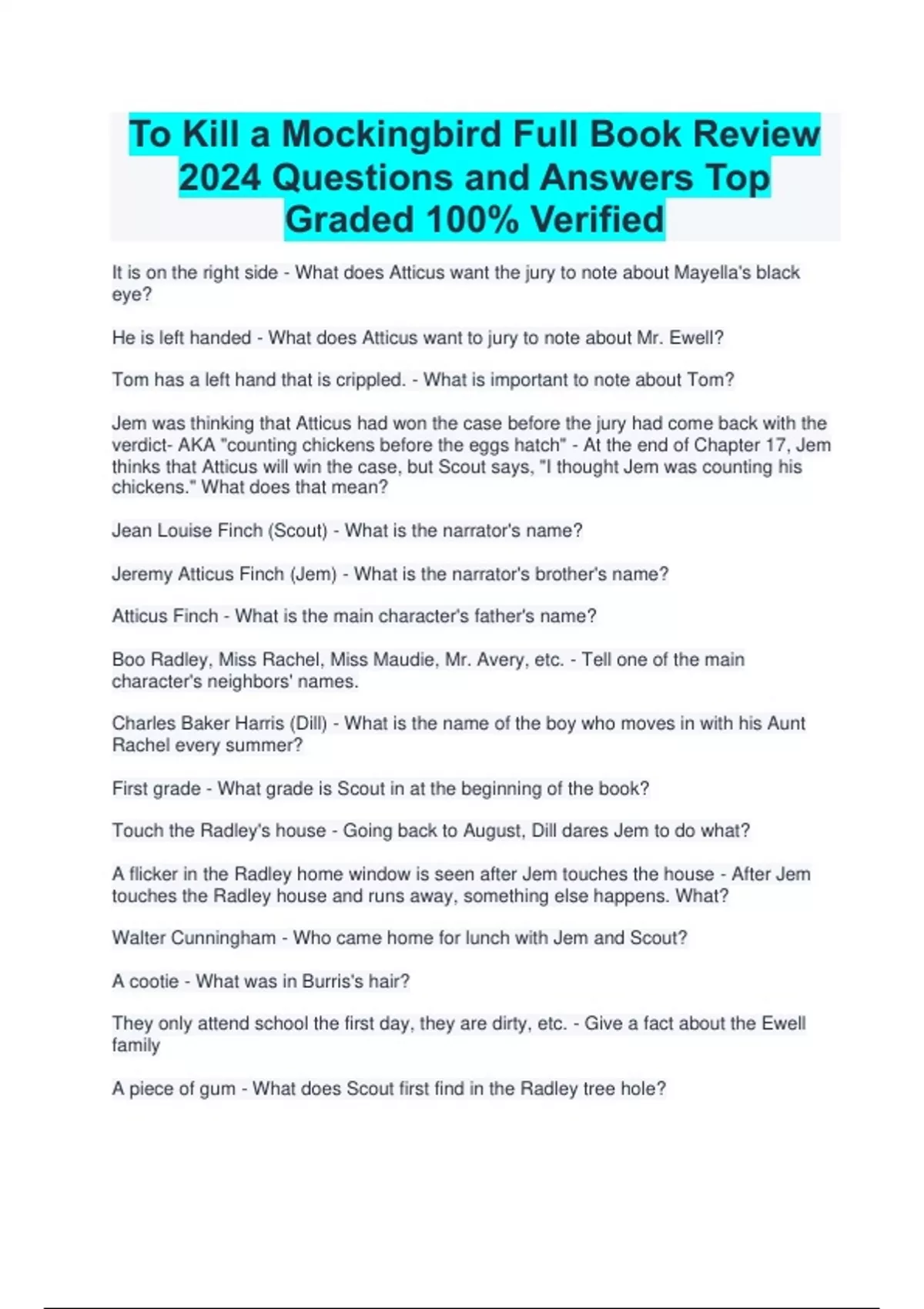 To Kill a Mockingbird Full Book Review 2024 Questions and Answers Top ...