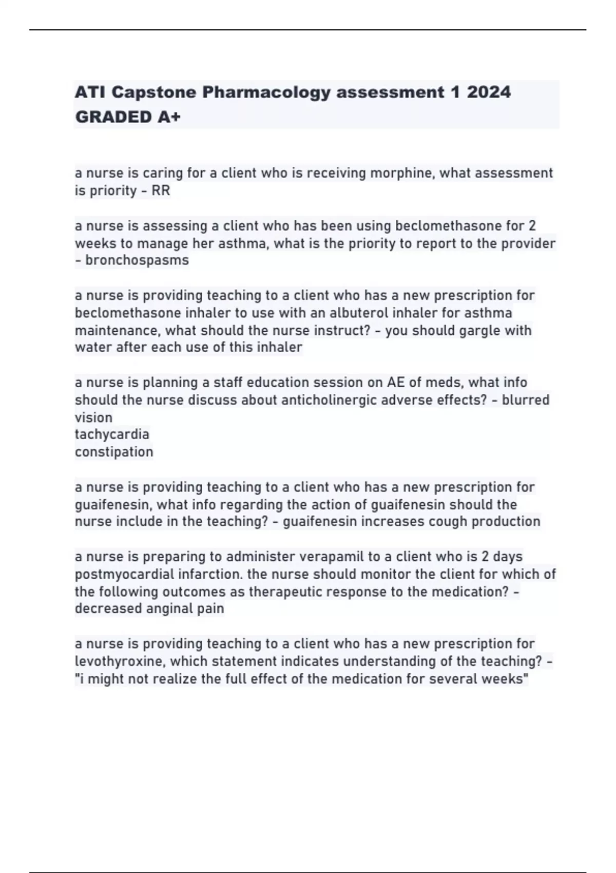 ATI Capstone Pharmacology assessment 1 2024 GRADED A+ - ATI Capstone ...