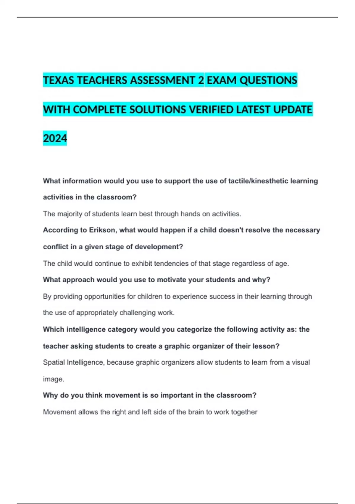 TEXAS TEACHERS ASSESSMENT 2 EXAM QUESTIONS WITH COMPLETE SOLUTIONS ...