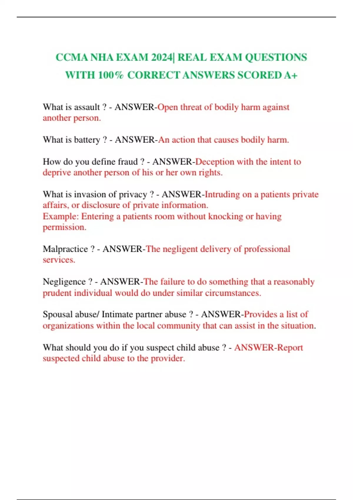 CCMA NHA EXAM 2024| REAL EXAM QUESTIONS WITH 100% CORRECT ANSWERS ...