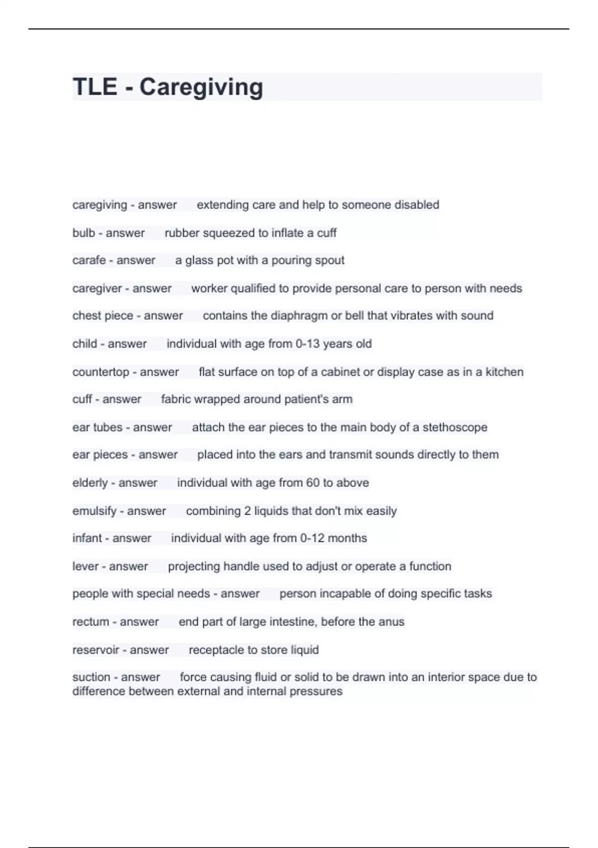 TLE - Caregiving Questions with correct Answers 2024 - Caregiver ...