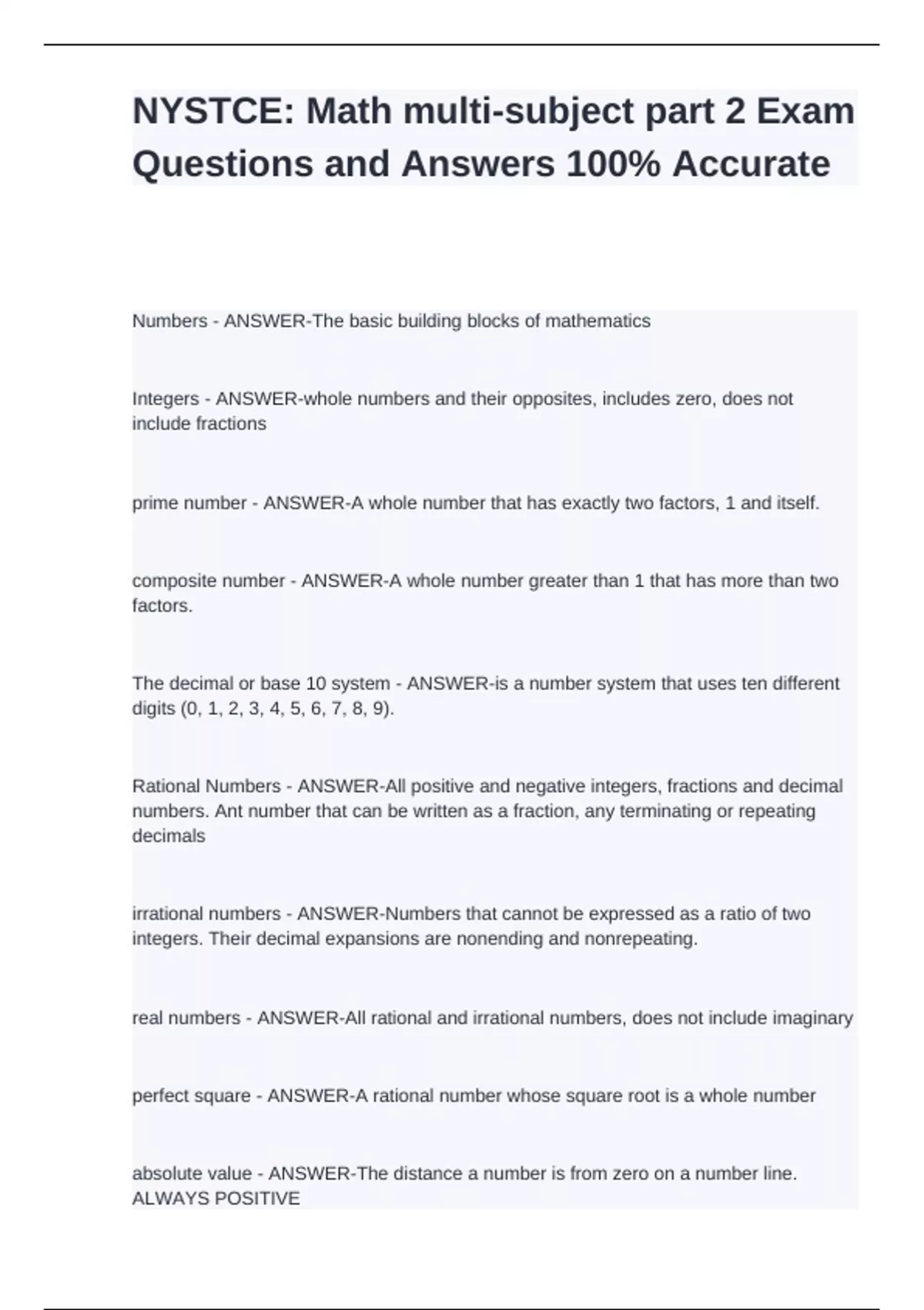 NYSTCE: Math multi-subject part 2 Exam Questions and Answers 100% Accurate - NYSTCE: Math multi ...