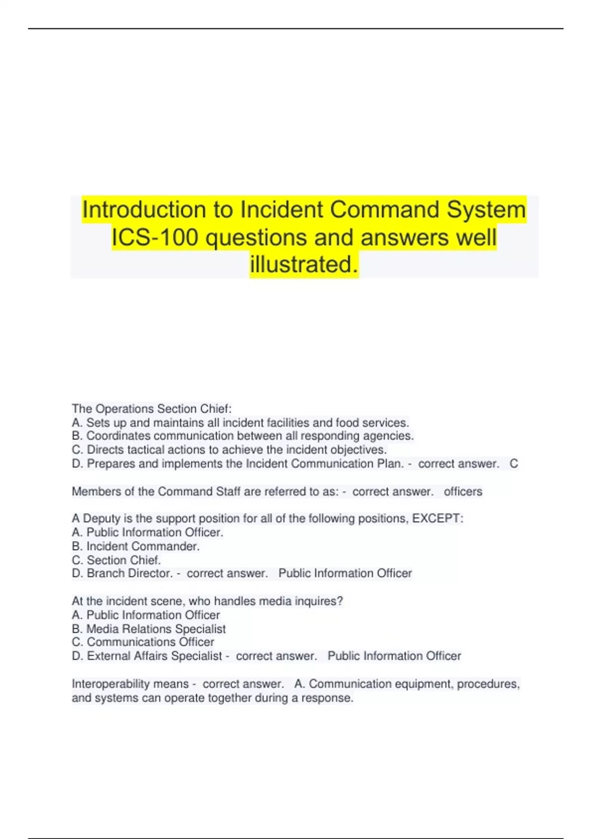 Introduction to Incident Command System ICS-100 questions and answers well illustrated ...