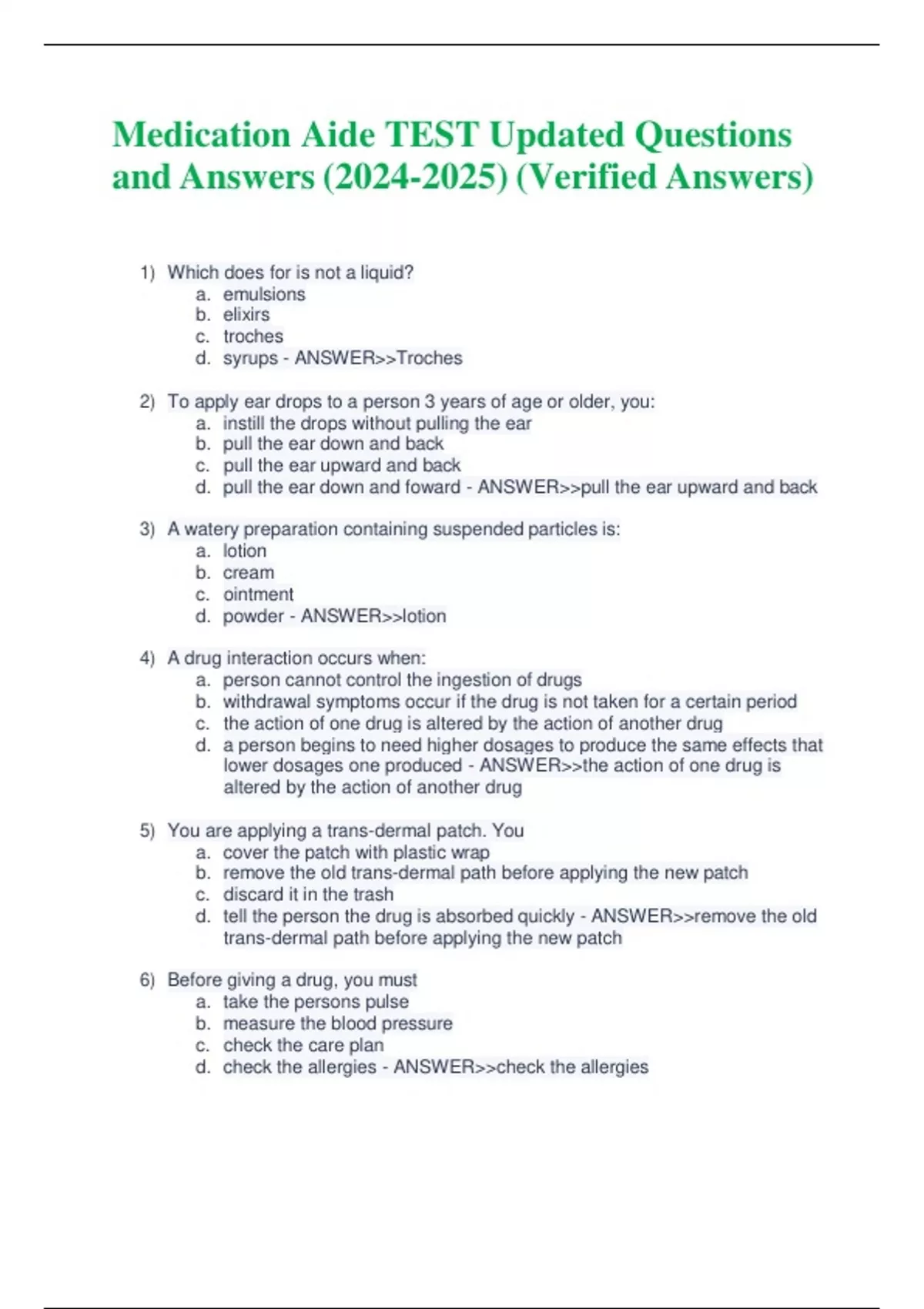 Medication Aide Test Updated Questions And Answers Verified Answers Medication Aide