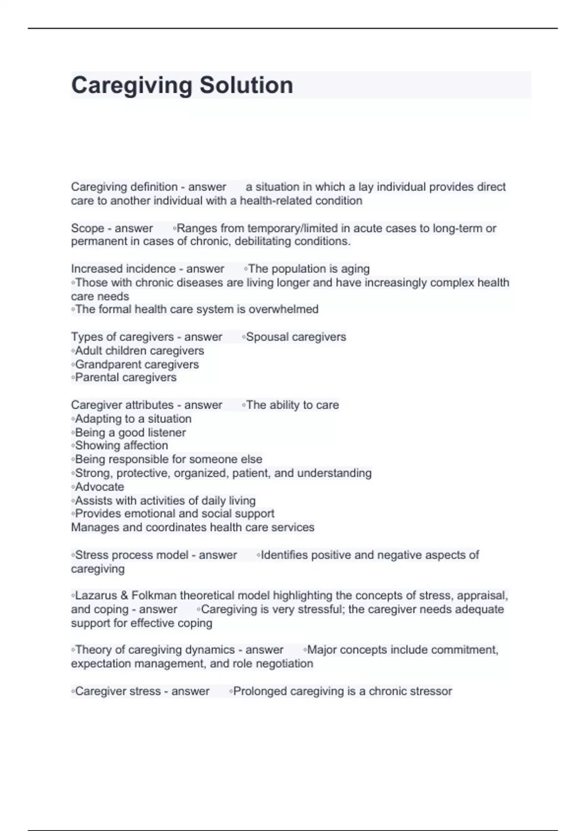 Caregiving Solution Questions and Answers 100% Solved - Caregiver ...