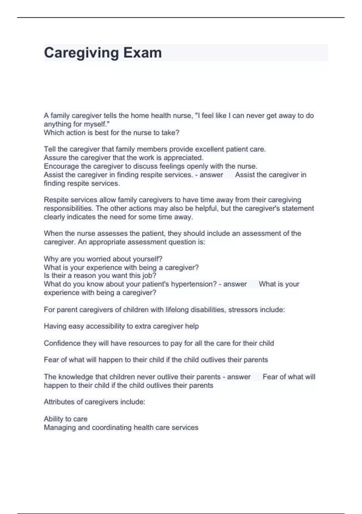 Caregiving Exam Questions and Answers 100% Correct - Caregiver - Stuvia US