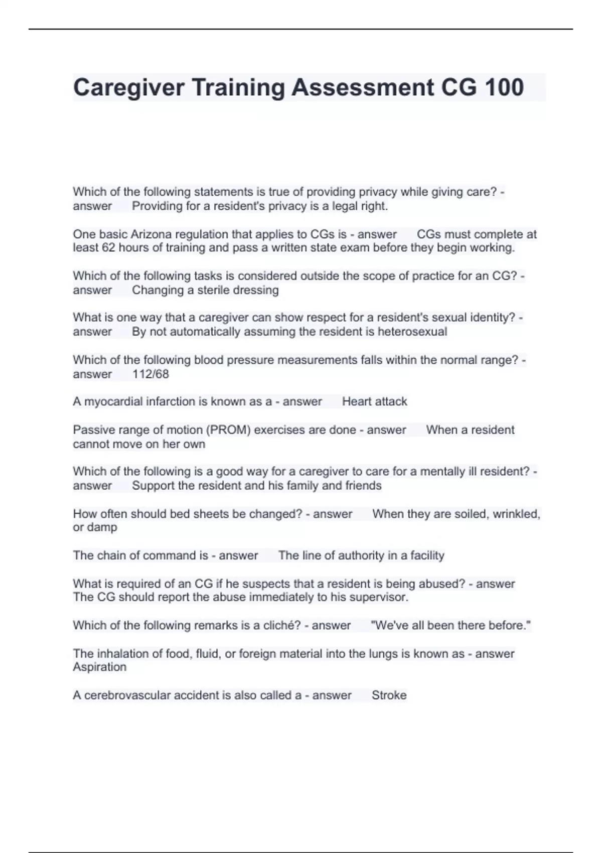 Caregiver Training Assessment CG 100 Questions and Answers 2024 ...