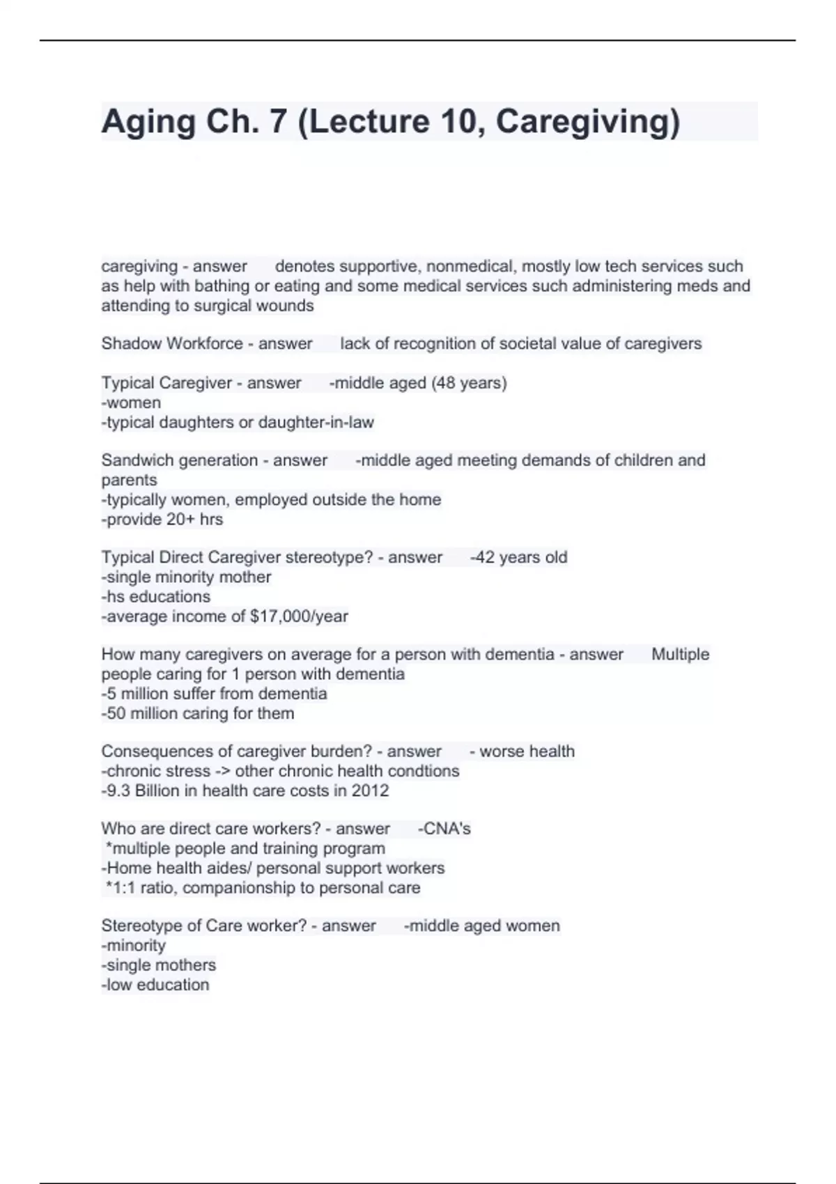 Aging Ch. 7 (Lecture 10, Caregiving) Questions and Answers 100% ...