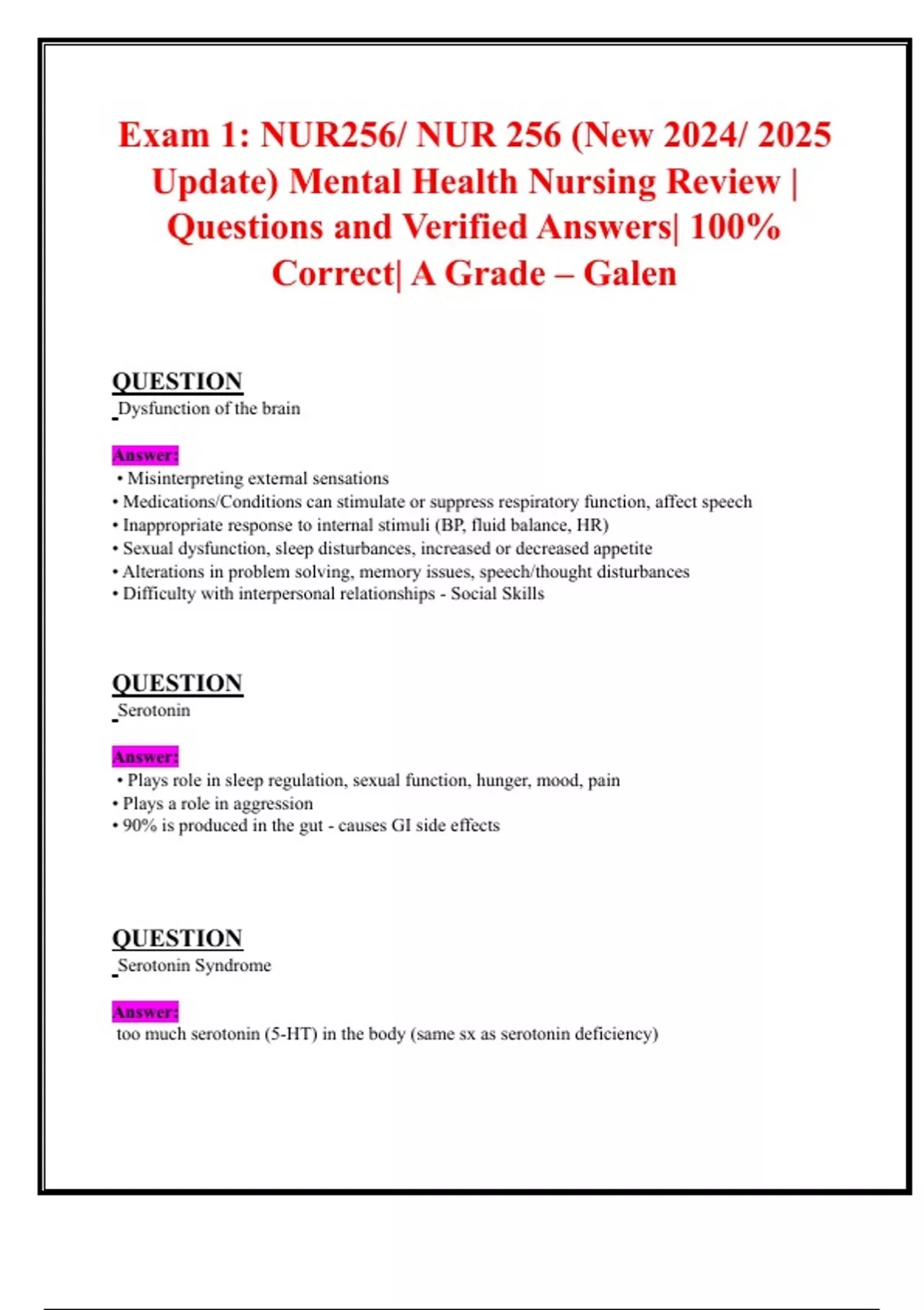 Exam 1: NUR256/ NUR 256 (New 2024/ 2025 Update) Mental Health Nursing ...