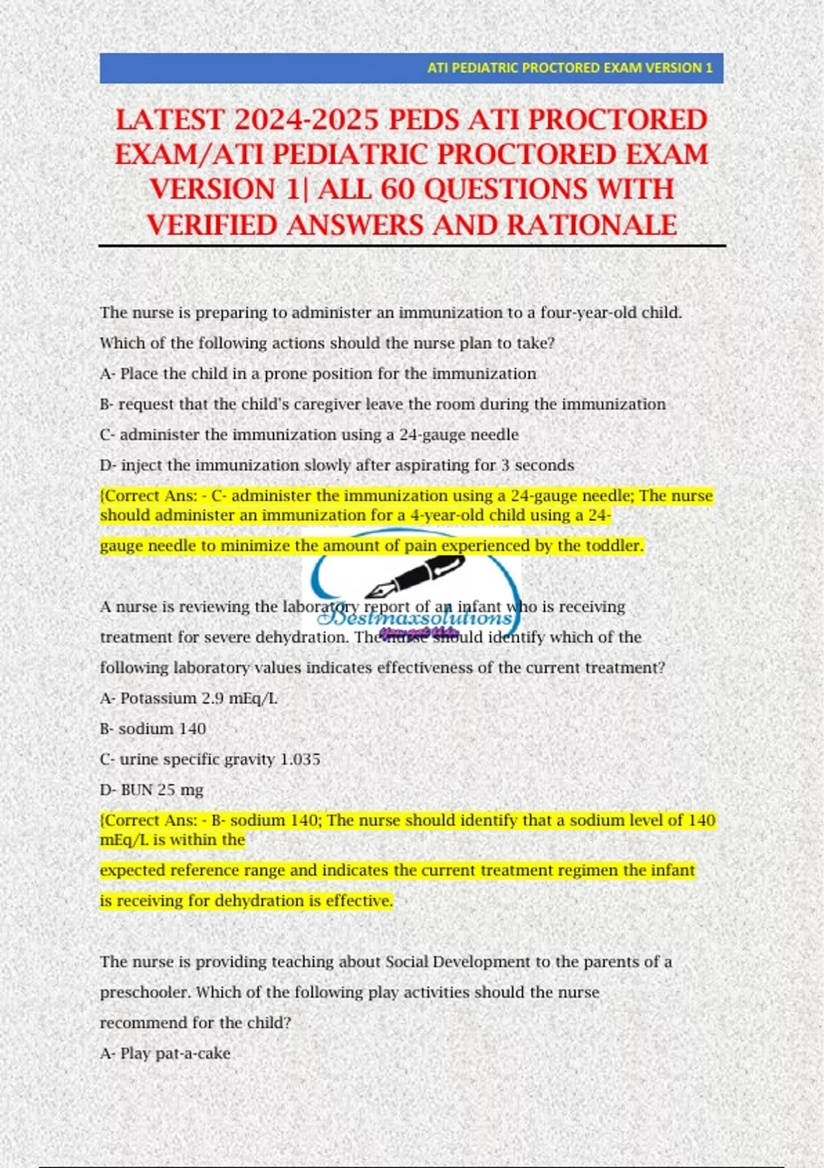 LATEST PEDS ATI PROCTORED EXAM/ATI PEDIATRIC PROCTORED EXAM VERSION 1 ...