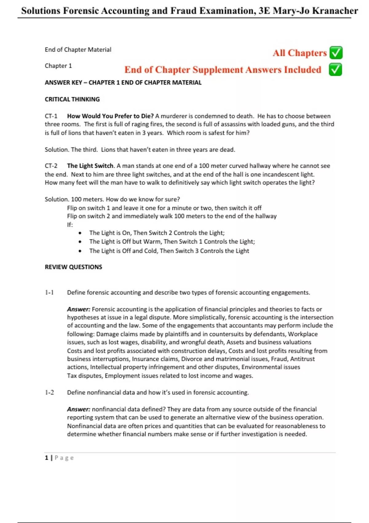 Solutions for Forensic Accounting and Fraud Examination, 3rd Edition by ...