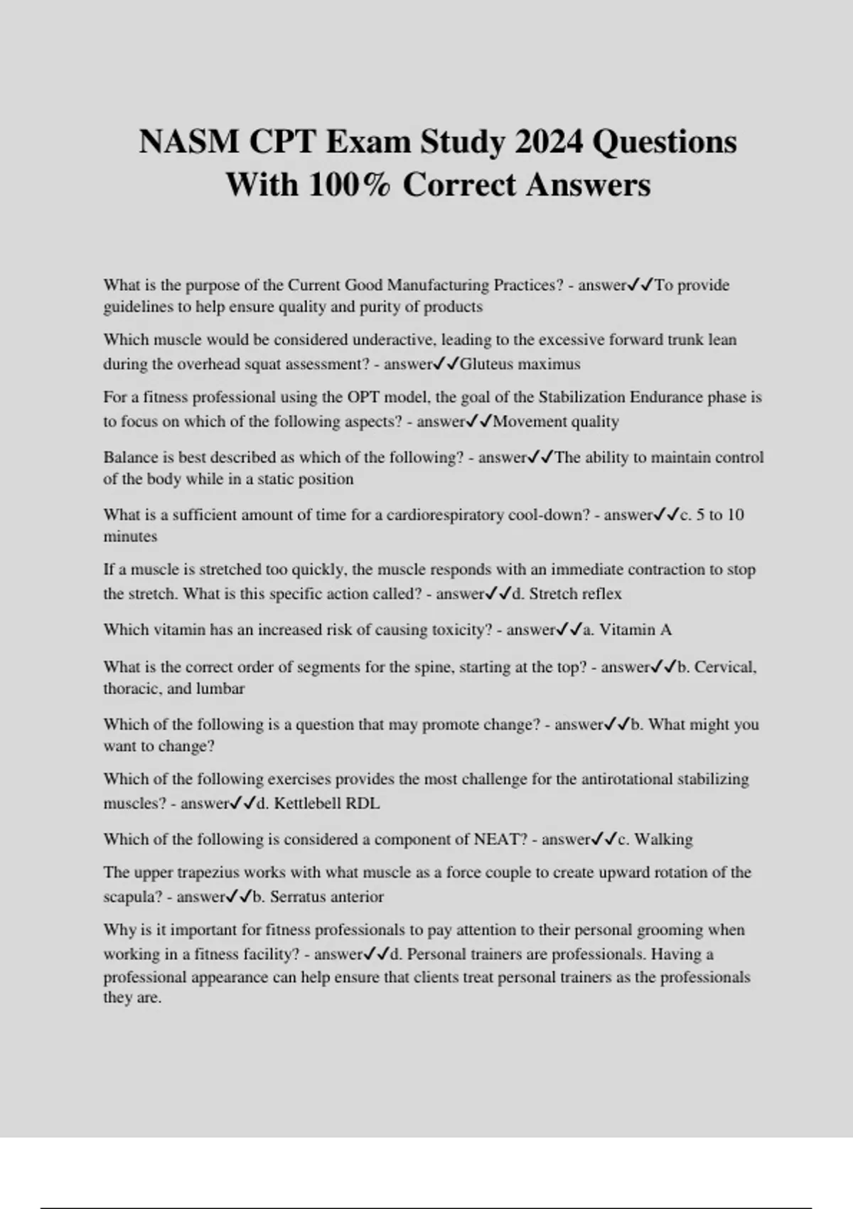 NASM CPT Exam Study 2024 Questions With 100% Correct Answers - Nasm cpt - Stuvia UK