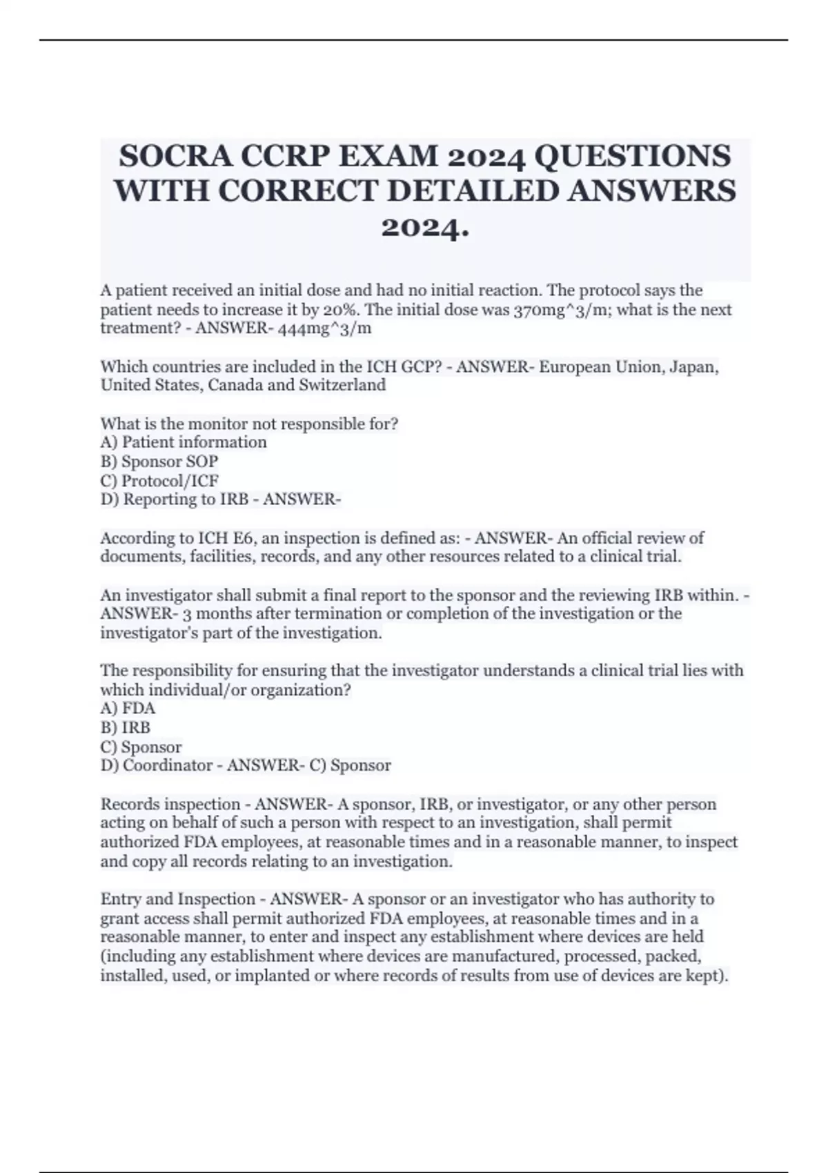 SOCRA CCRP EXAM 2024 QUESTIONS WITH CORRECT DETAILED ANSWERS 2024 ...