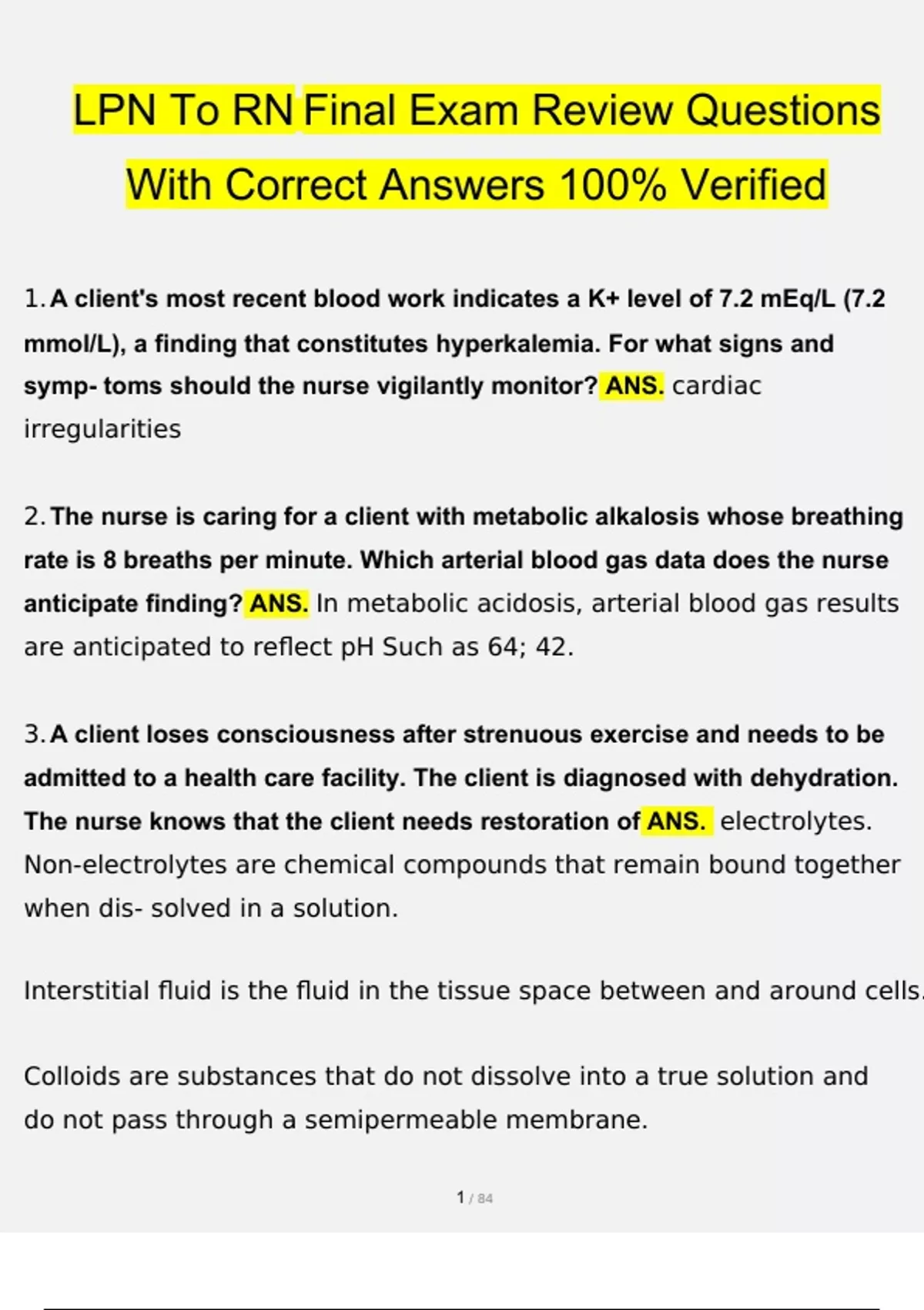 LPN To RN Final Exam Review Questions With Correct Answers 100% Verified(2023/2024) - LPN-RN ...