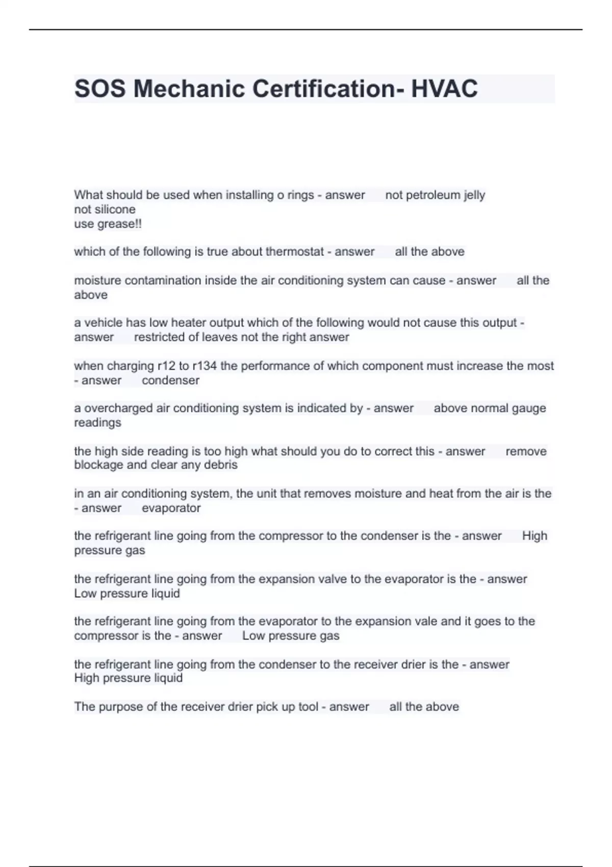 SOS Mechanic Certification- HVAC Questions with correct Answers - SOS ...