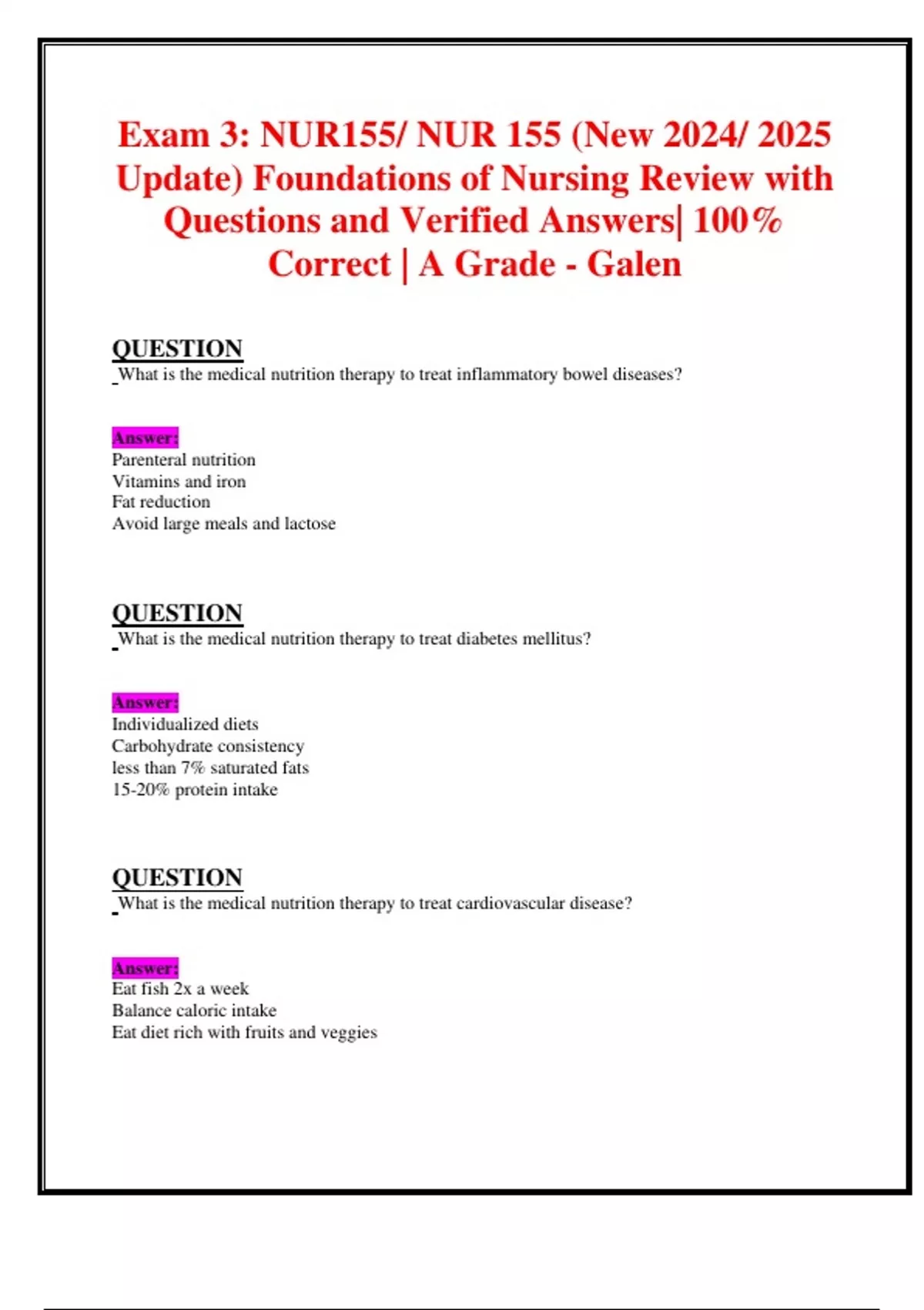 Exam 3: NUR155/ NUR 155 (New 2024/ 2025 Update) Foundations of Nursing ...