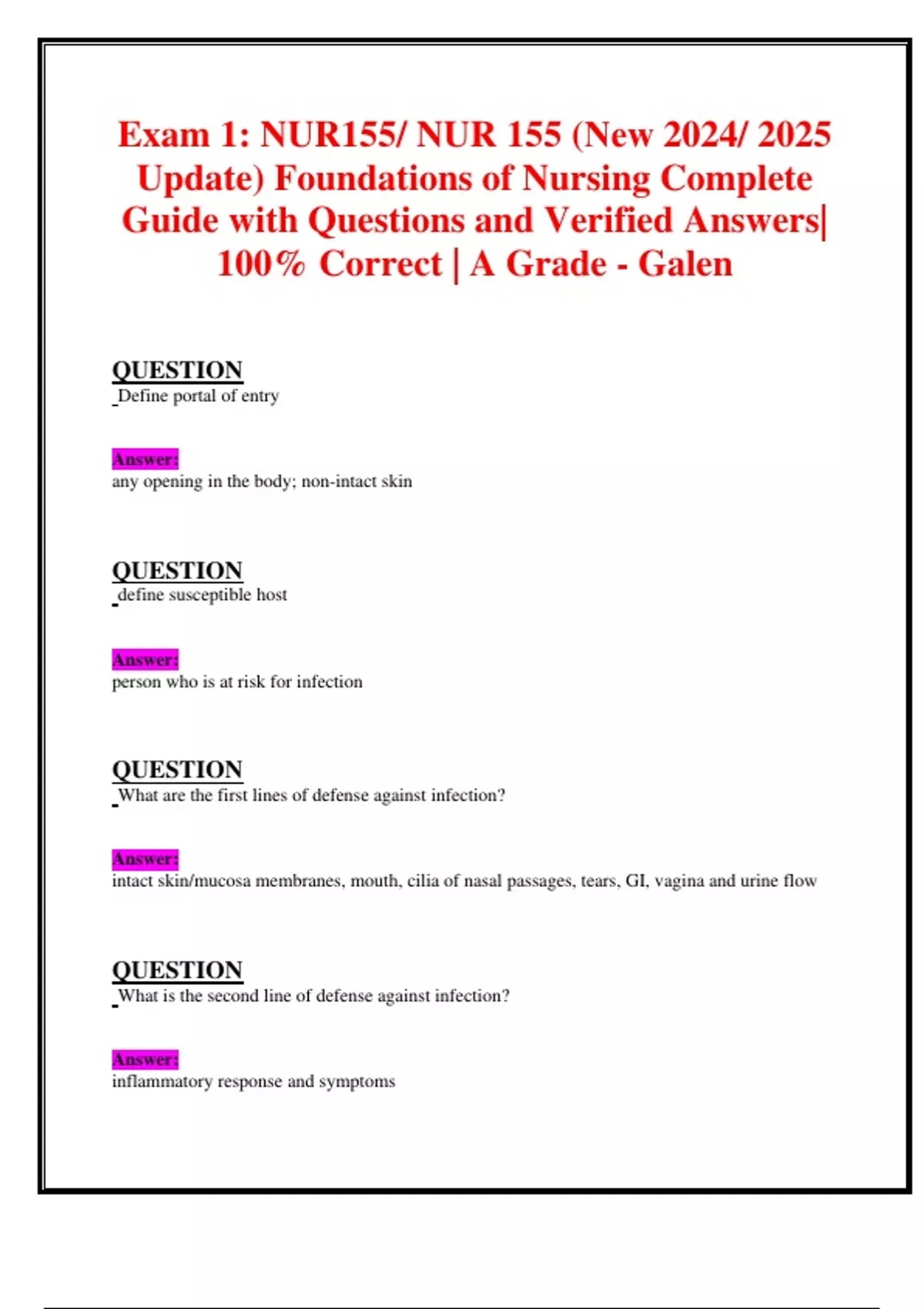 Exam 1: NUR155/ NUR 155 (New 2024/ 2025 Update) Foundations of Nursing ...