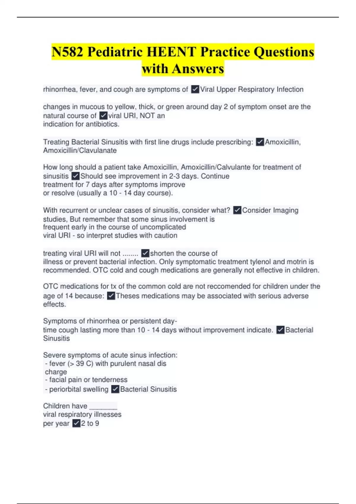 N582 Pediatric HEENT Practice Questions with Answers - N582 - Stuvia US