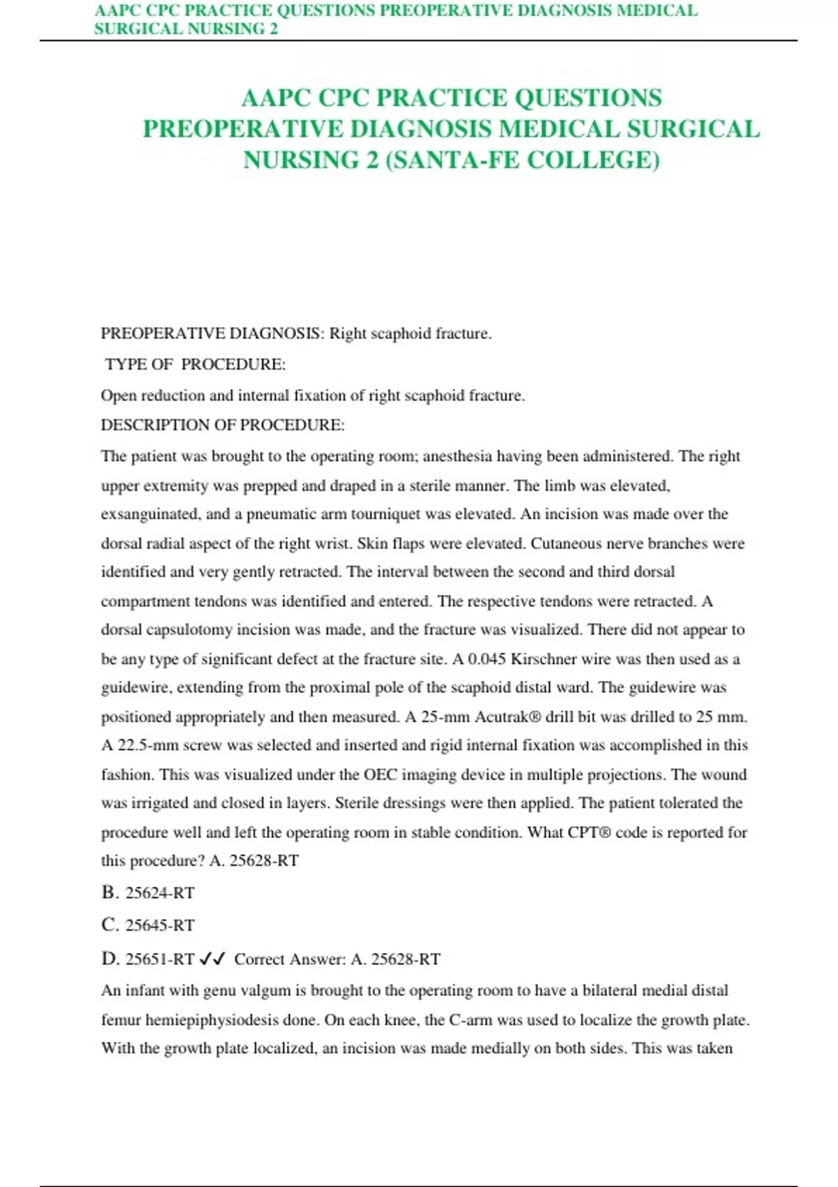 Summary AAPC CPC PRACTICE QUESTIONS PREOPERATIVE DIAGNOSIS MEDICAL ...