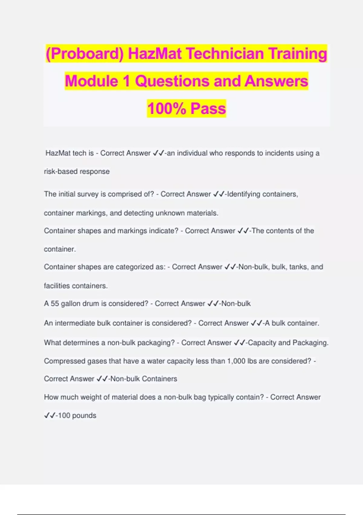 (Proboard) HazMat Technician Training Module 1 Questions and Answers 100% Pass - Hazmat - Stuvia US