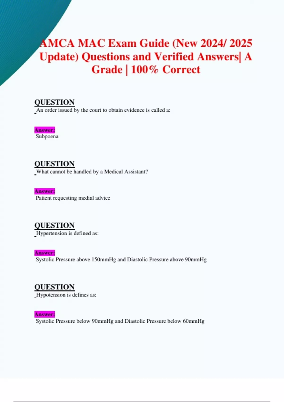 AMCA MAC Exam Guide (New 2024/ 2025 Update) Questions and Verified ...