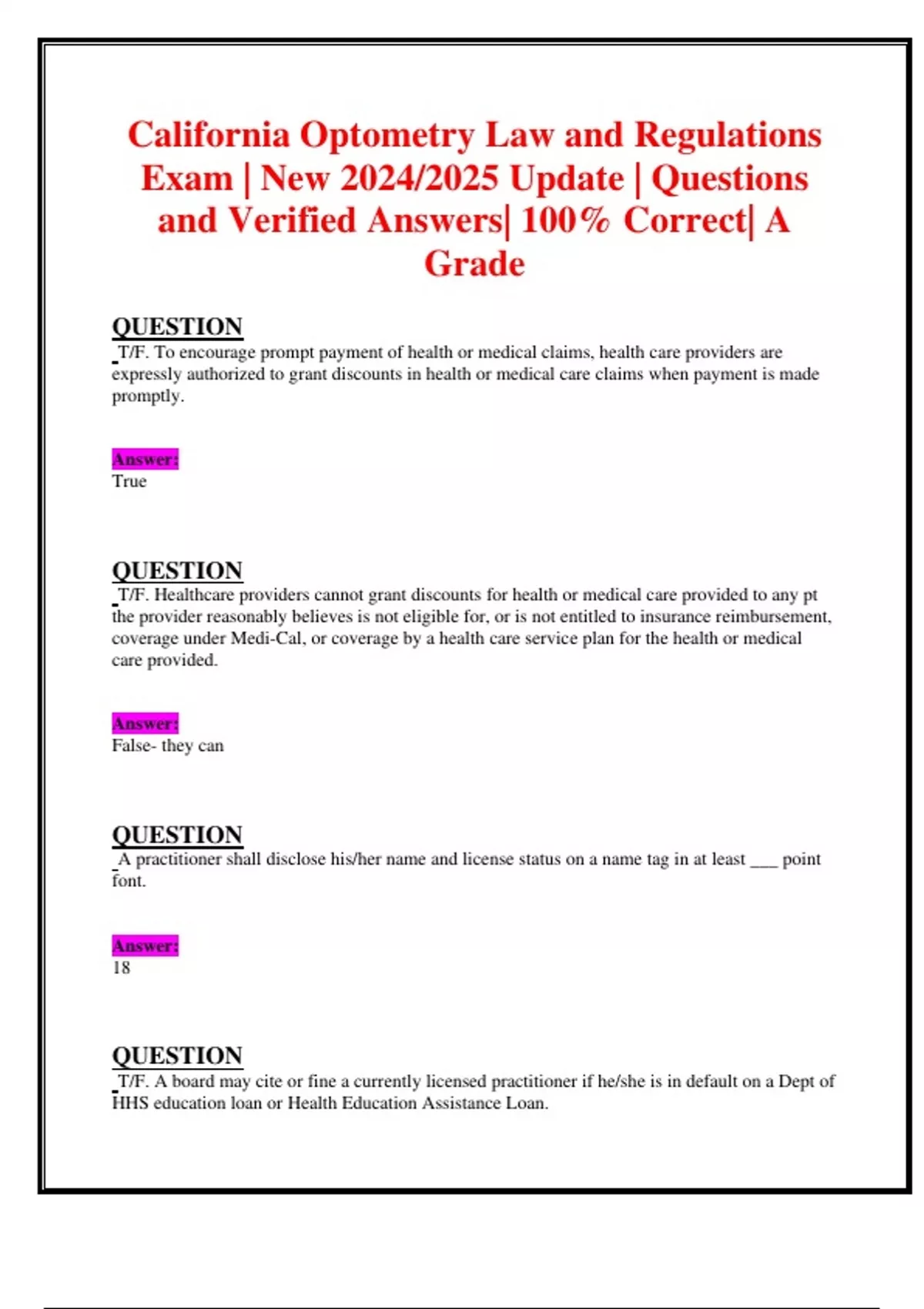 California Optometry Law and Regulations Exam | New 2024/2025 Update ...